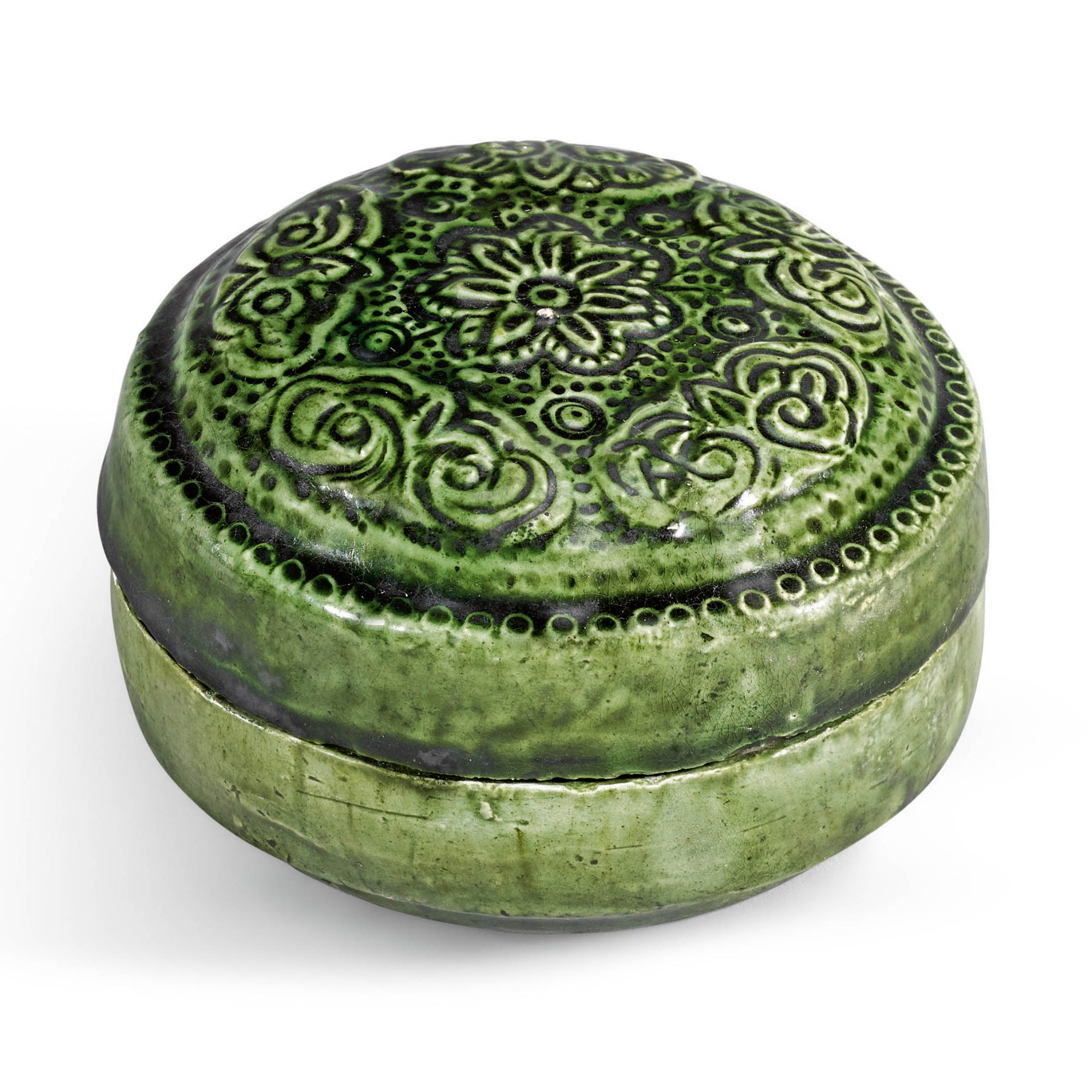 A RARE GREEN-GLAZED MOULDED AND INCISED BOX AND COVER, TANG DYNASTY | 唐 ...