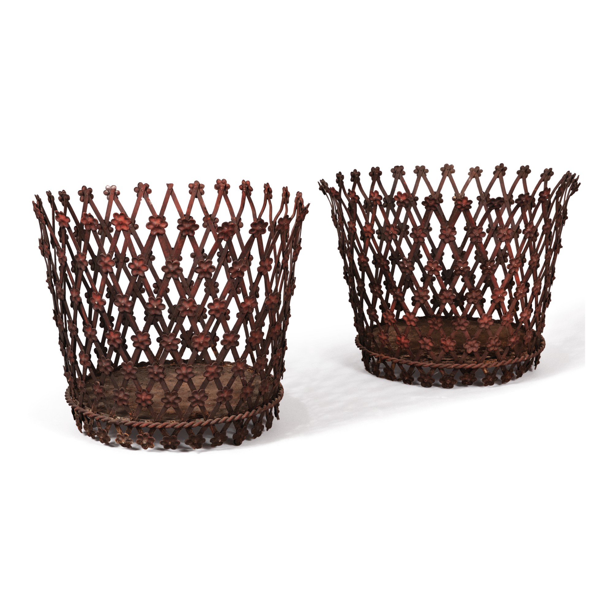 A PAIR OF LARGE PAINTED IRON LATTICE WORK LOG CAGES | Mario Buatta ...