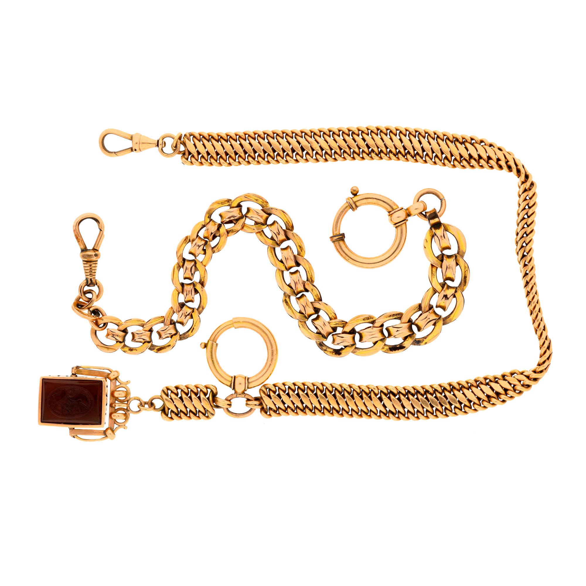 A pink gold snake link watch chain together with a rolled gold watch ...