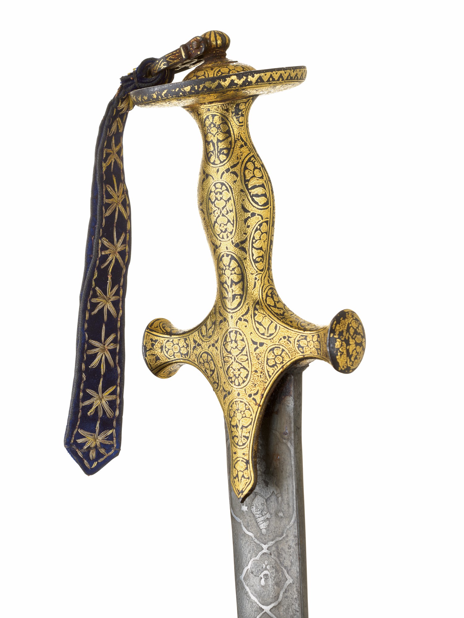 A steel-hilted sword (talwar) and scabbard, the blade with the ten ...