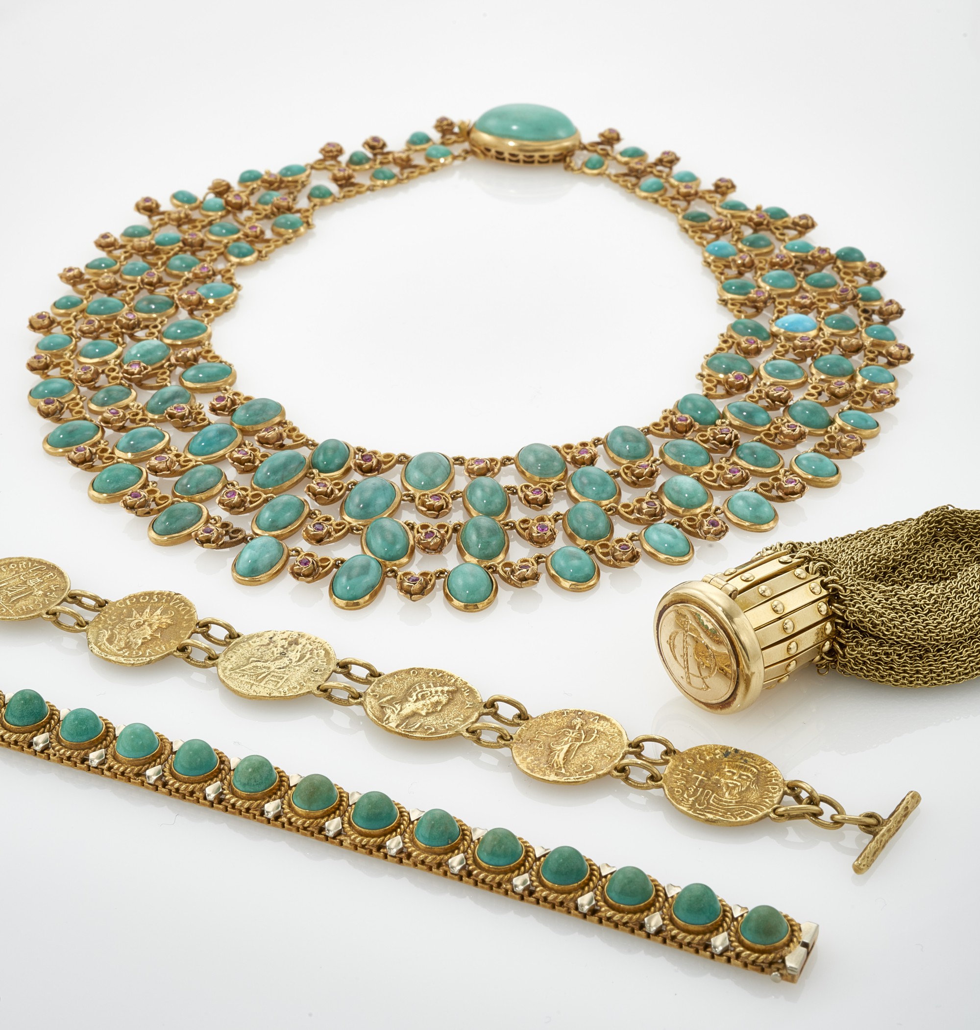 TURQUOISE AND RUBY NECKLACE, TURQUOISE BRACELET, COIN BRACELET AND A ...