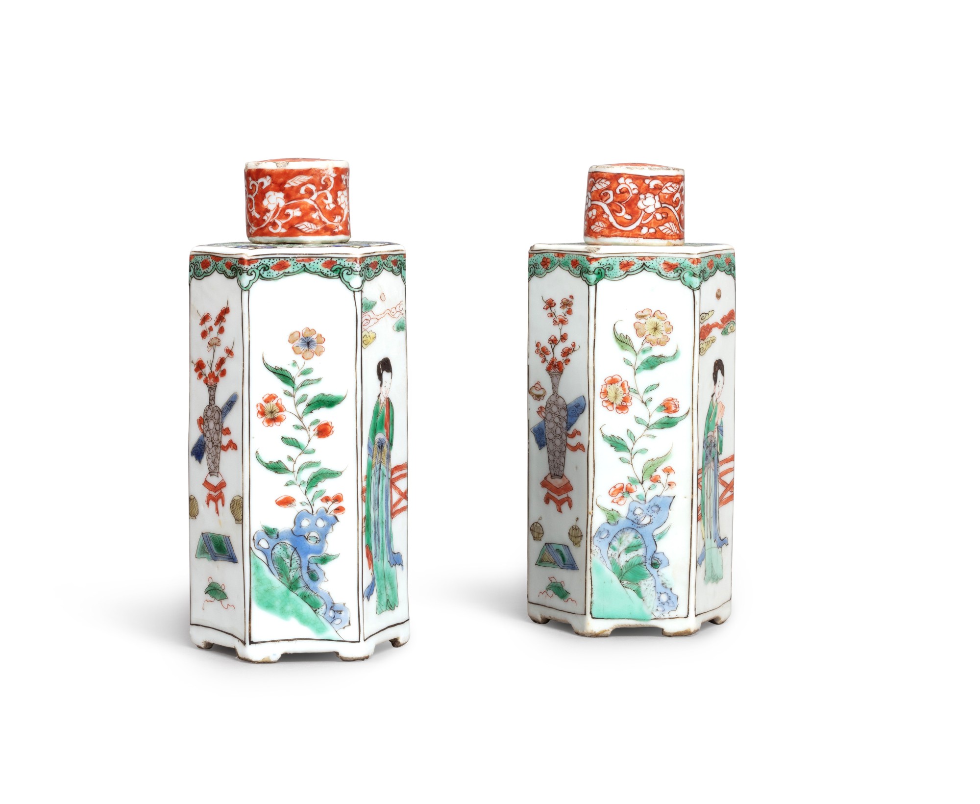 A pair of famille verte tea-caddies and covers China, Qing dynasty ...
