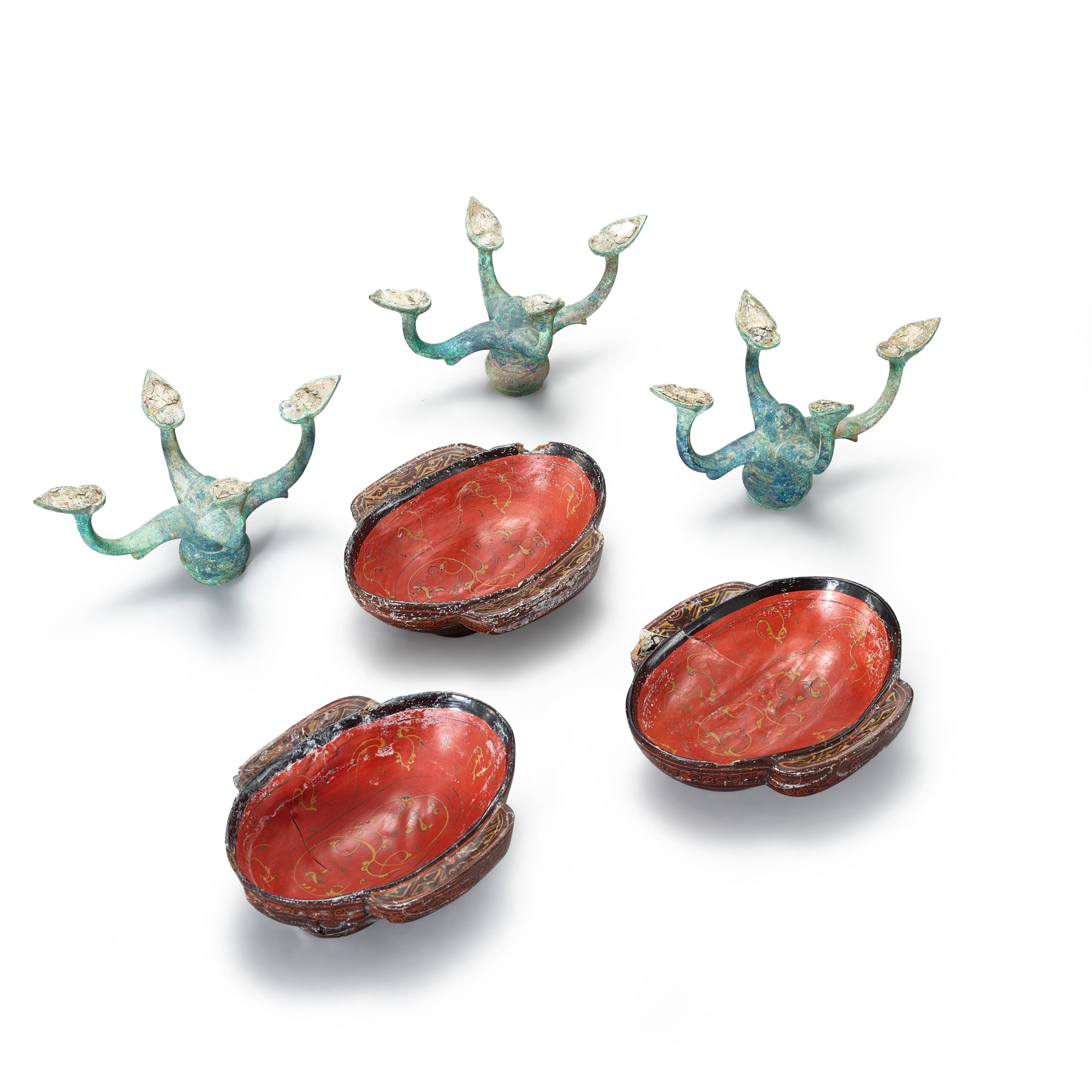 A group of three rare Chu culture lacquer cups and bronze stands ...