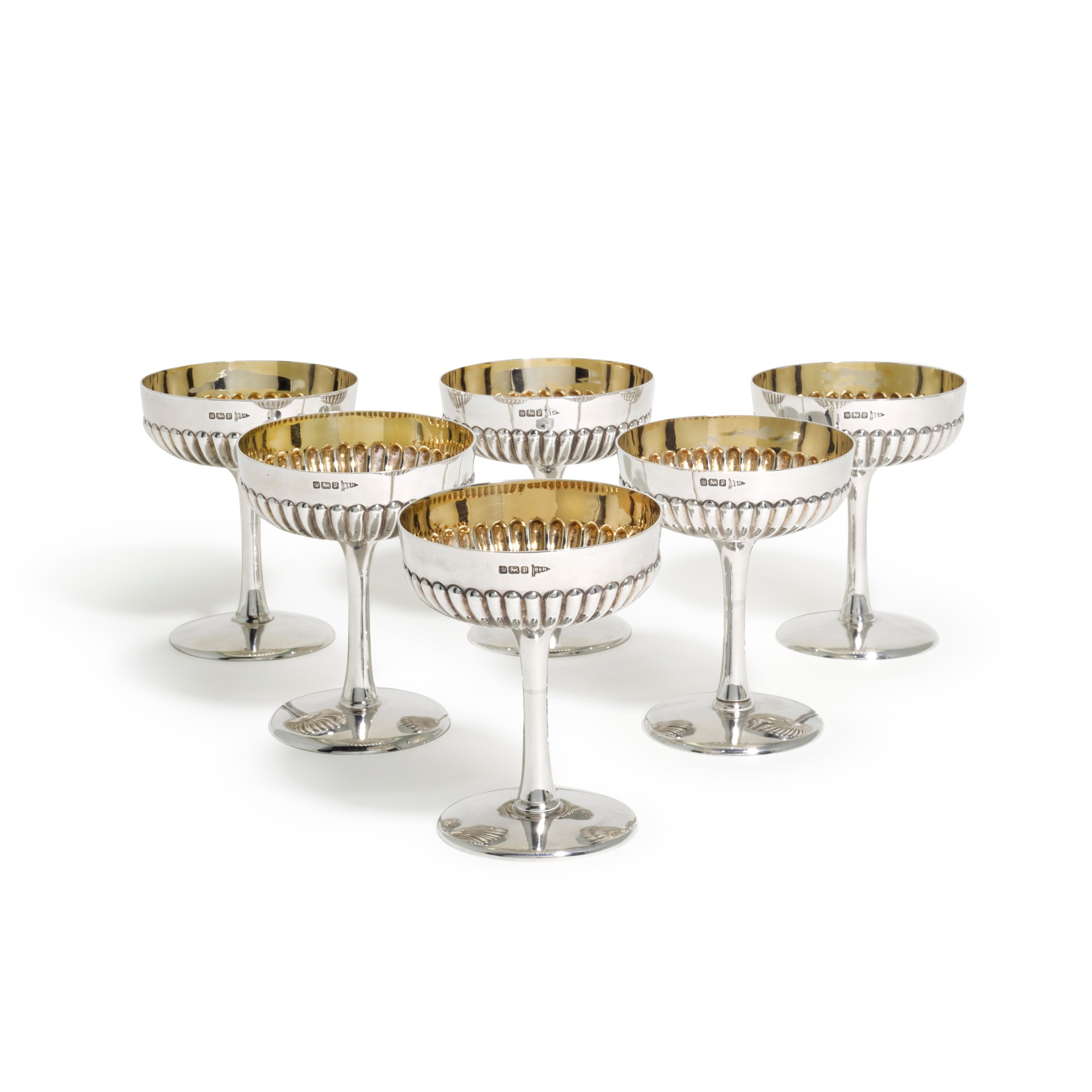 A SET OF SIX EDWARDIAN SILVER CHAMPAGNE COUPES, WALKER & HALL ...