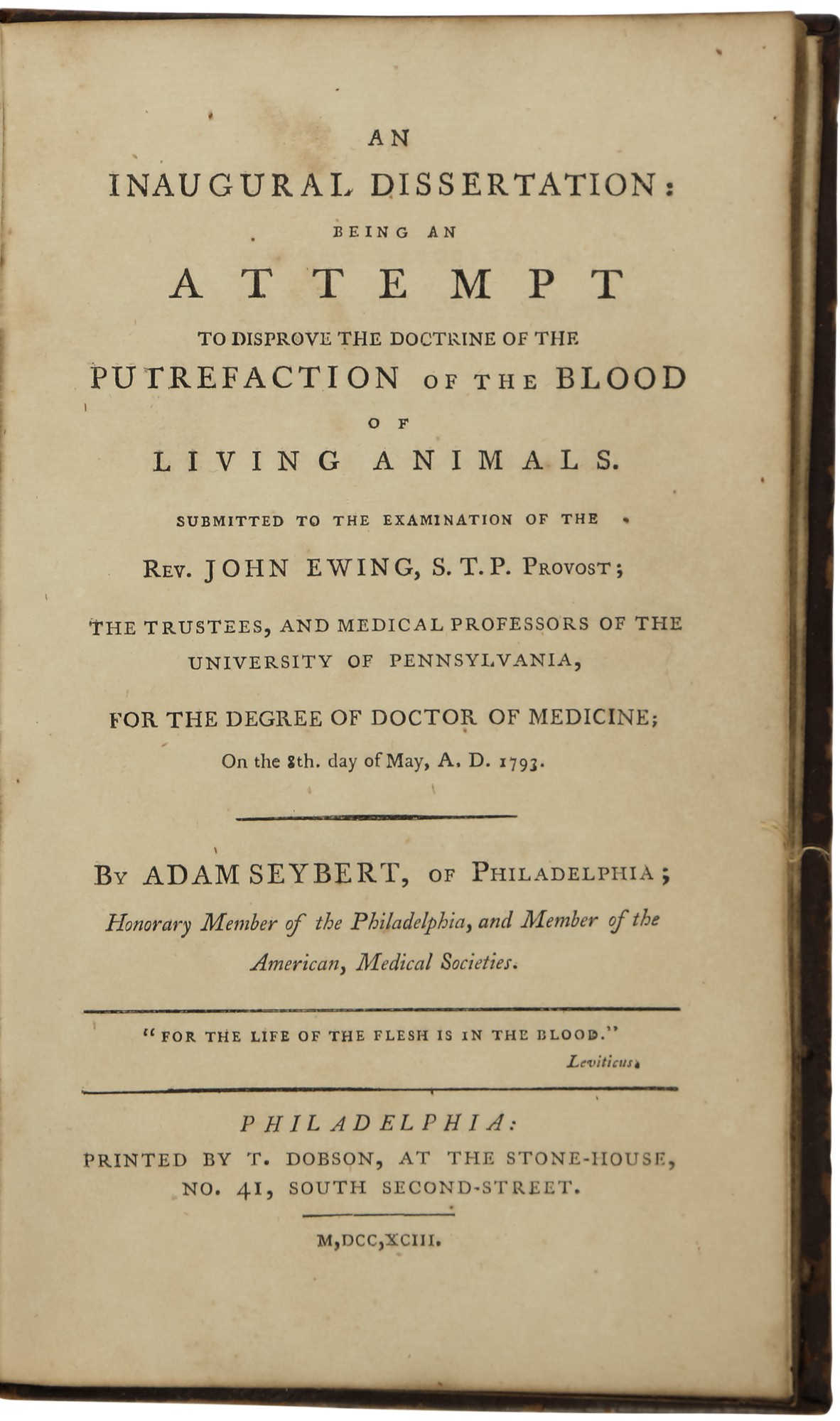 [Binding]. Seybert, Adam. An Inaugural Dissertation. 1793 | Fine ...
