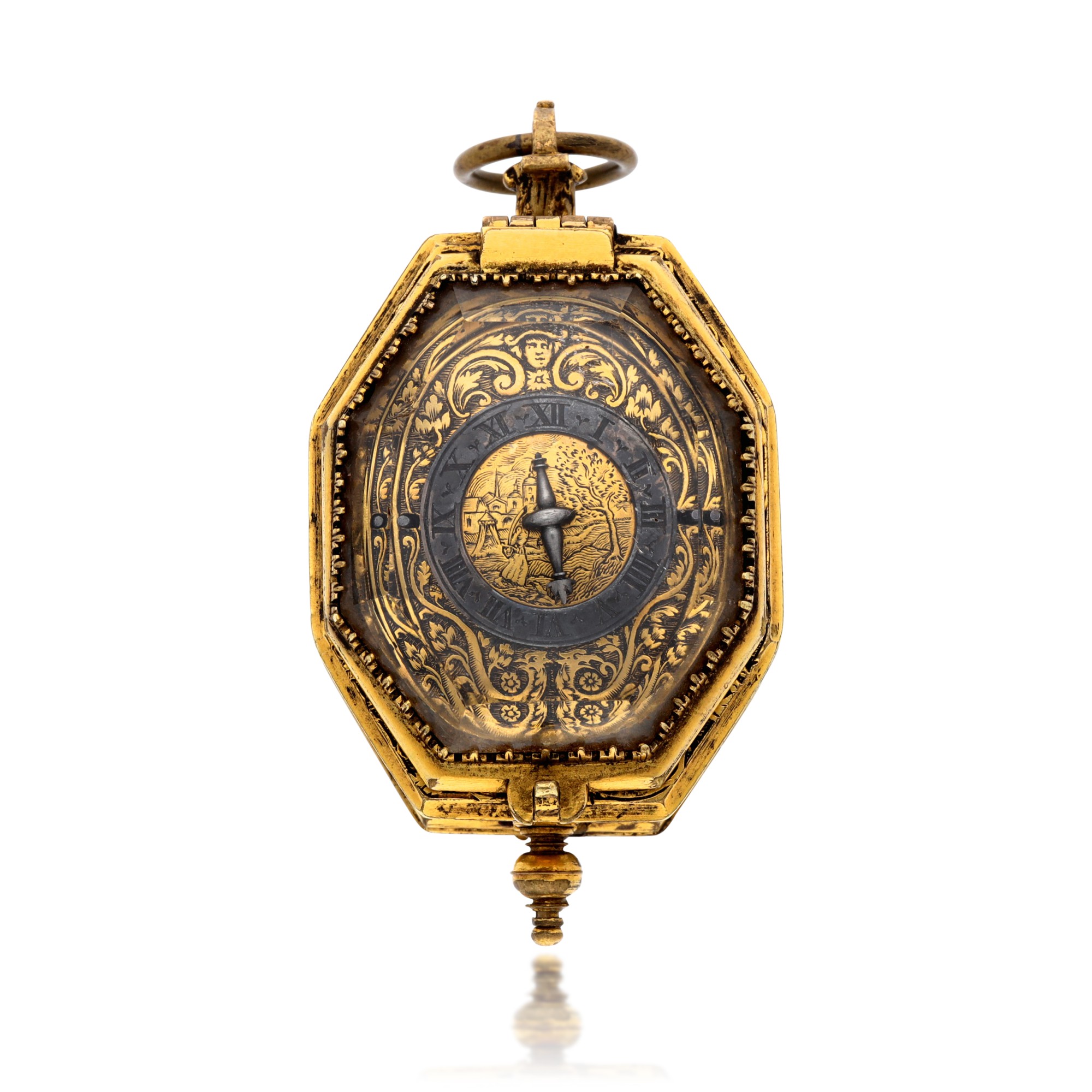 A gilt-brass and rock crystal octagonal verge watch in 17th century ...