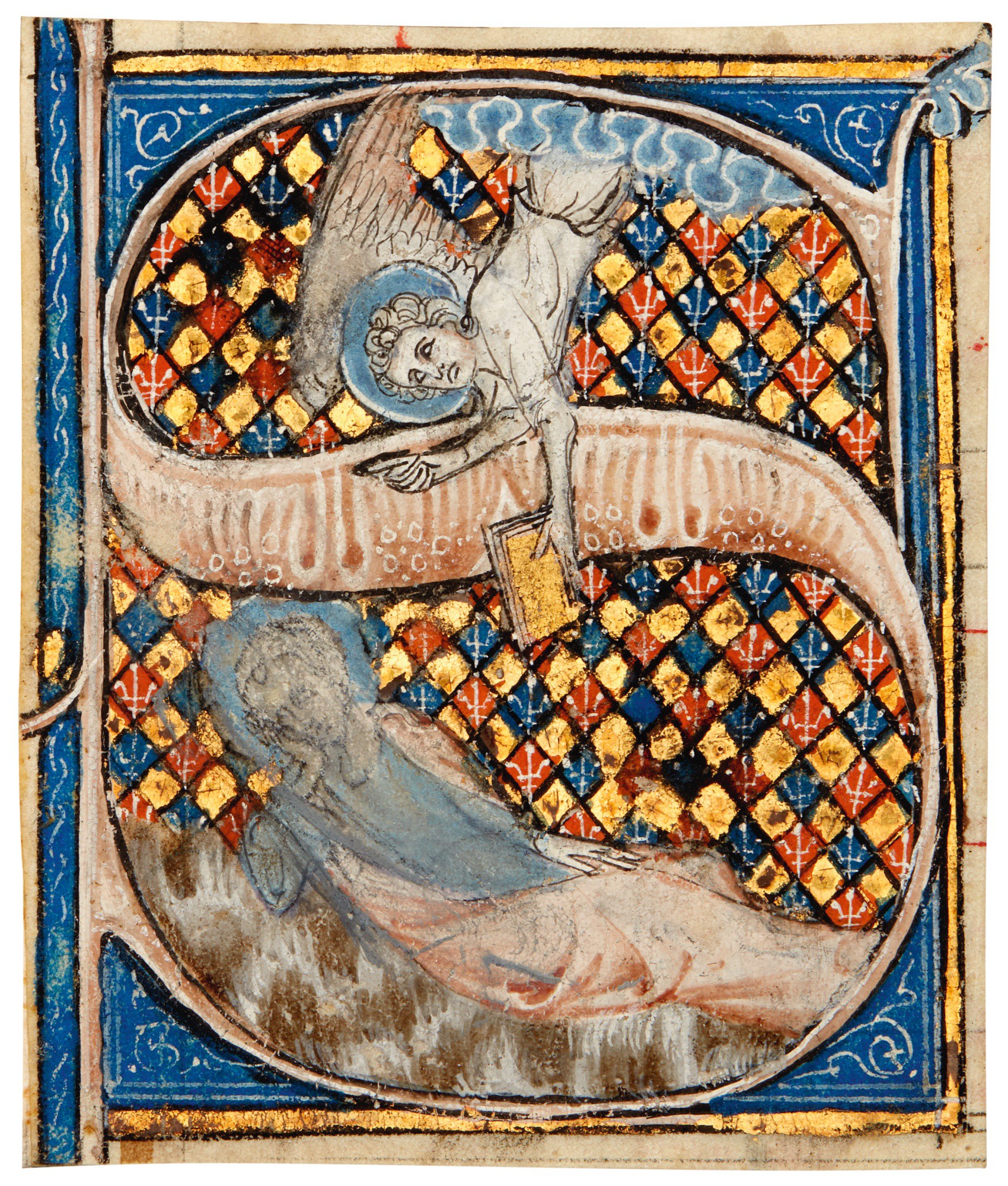 An Angel Delivering a Message, historiated initial on a cutting ...