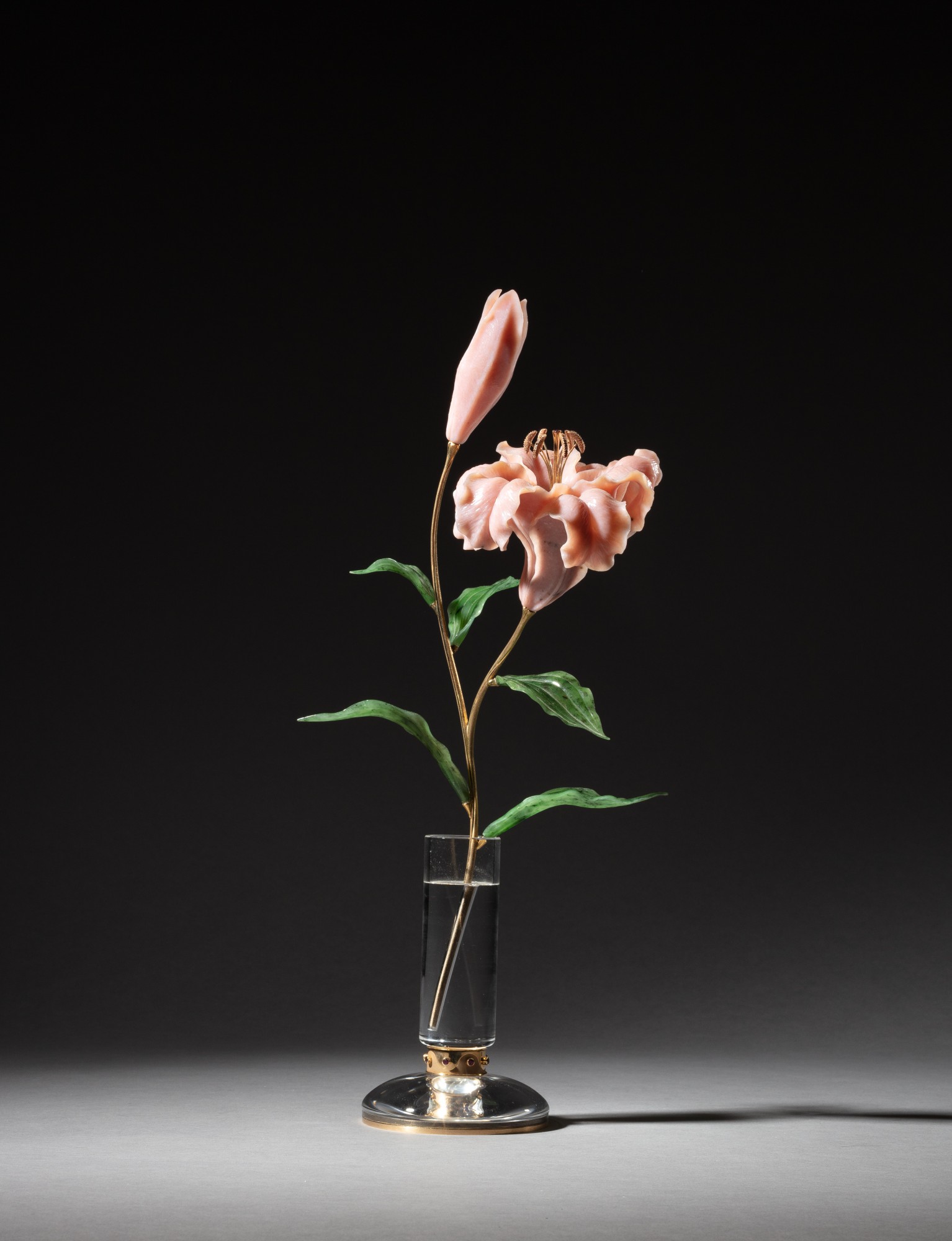 A pink opal, nephrite and rock crystal lily mounted in 3-color 18k gold ...