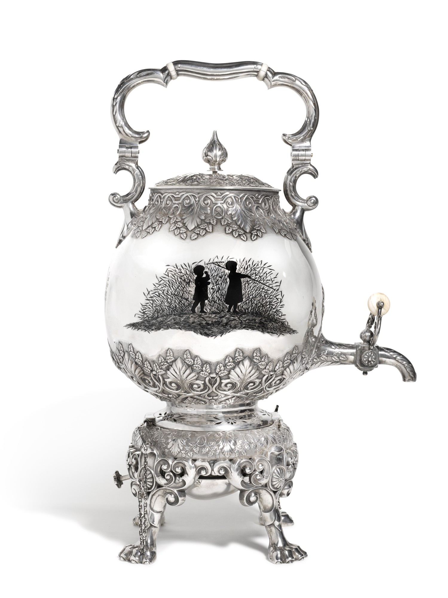 A RARE SILVER AND CHAMPLEVÉ ENAMEL SAMOVAR ON STAND, SHANKS AND BOLIN ...