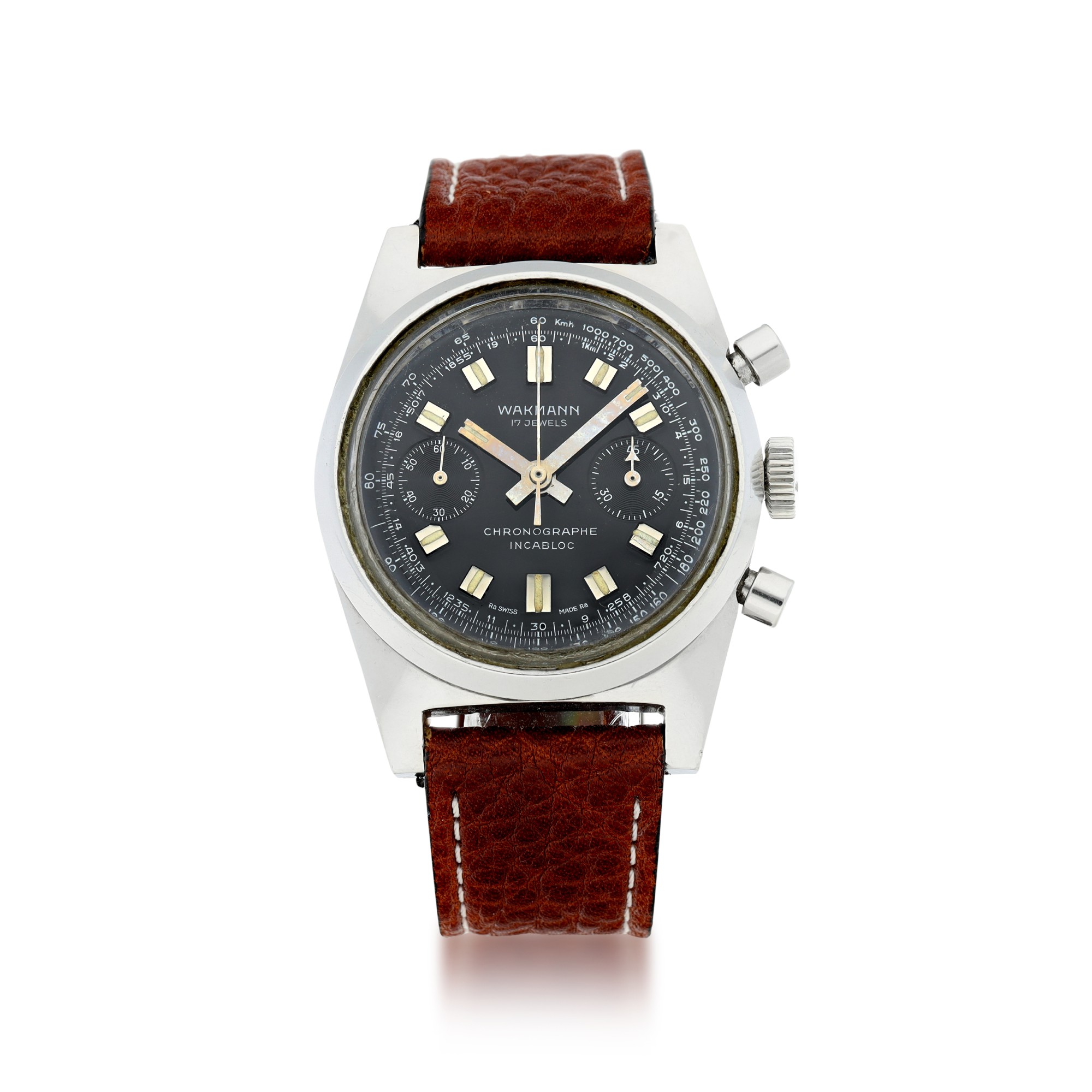 WAKMANN WATCH CO. | INCABLOC A STAINLESS STEEL CHRONOGRAPH WRISTWATCH ...