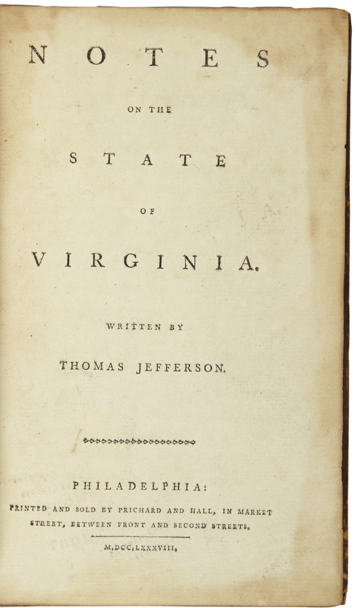 JEFFERSON, THOMAS | Notes on the State of Virginia. Philadelphia ...
