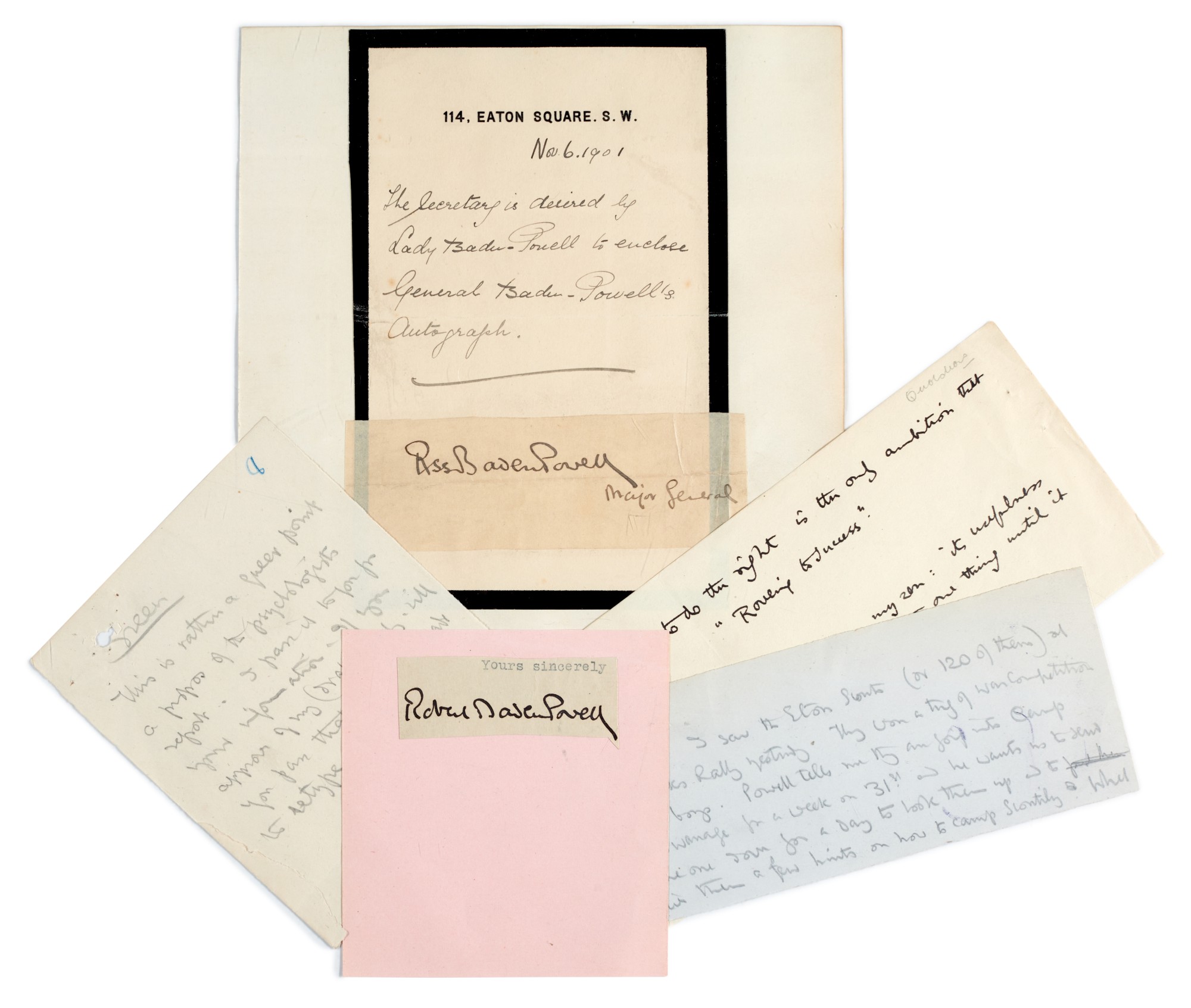 BADEN POWELL | A collection of six autograph letters, notes, quotations ...