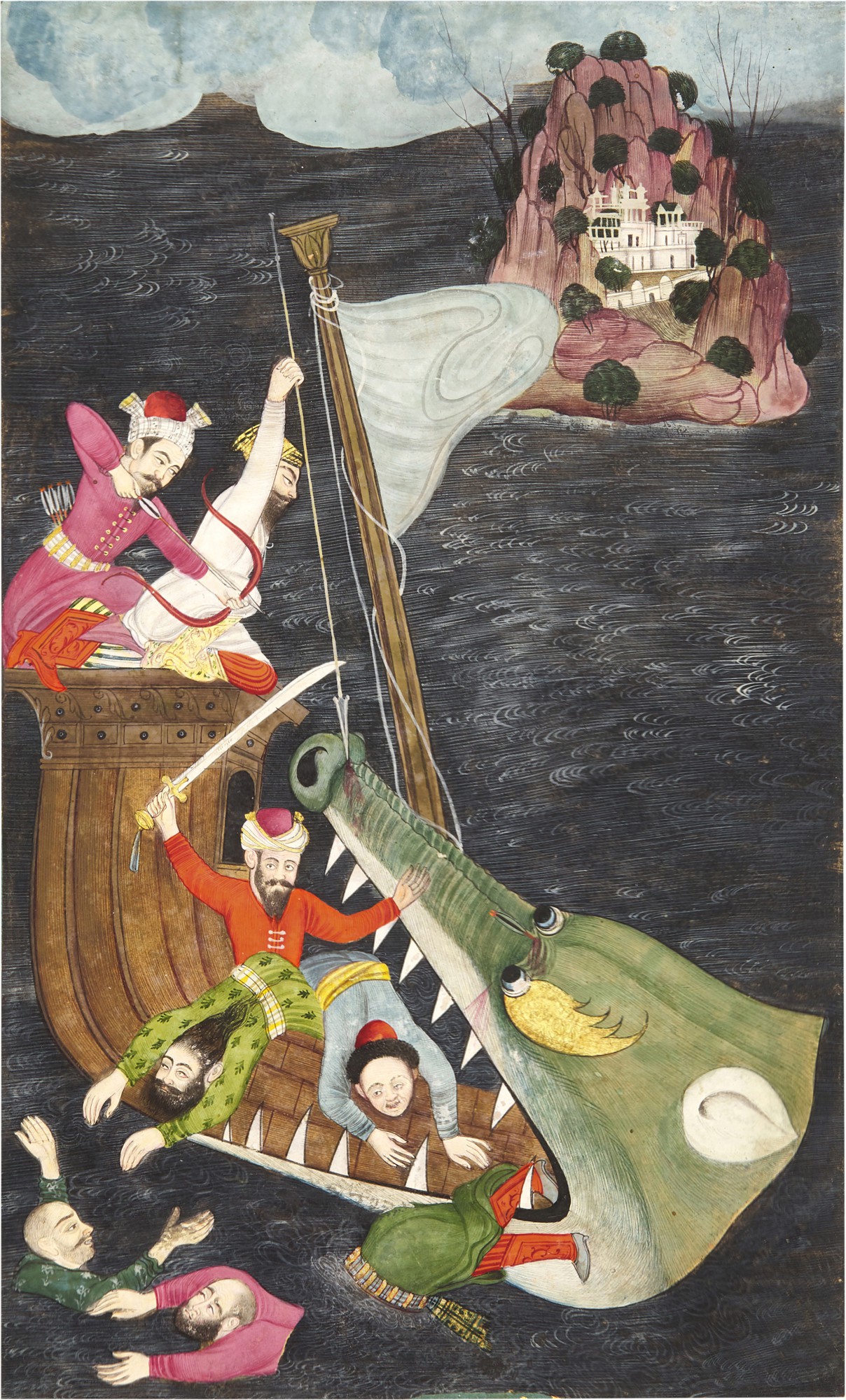 Hamza and his army fend off a sea monster, India, Provincial Mughal ...