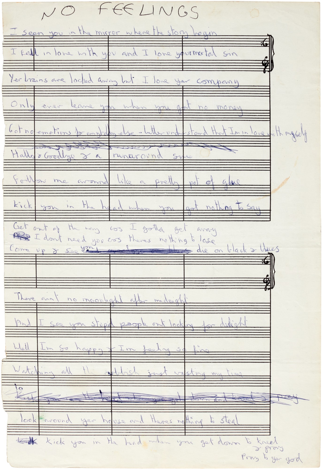 Johnny Rotten No Feelings Autograph Manuscript Lyrics 1976 The 9145
