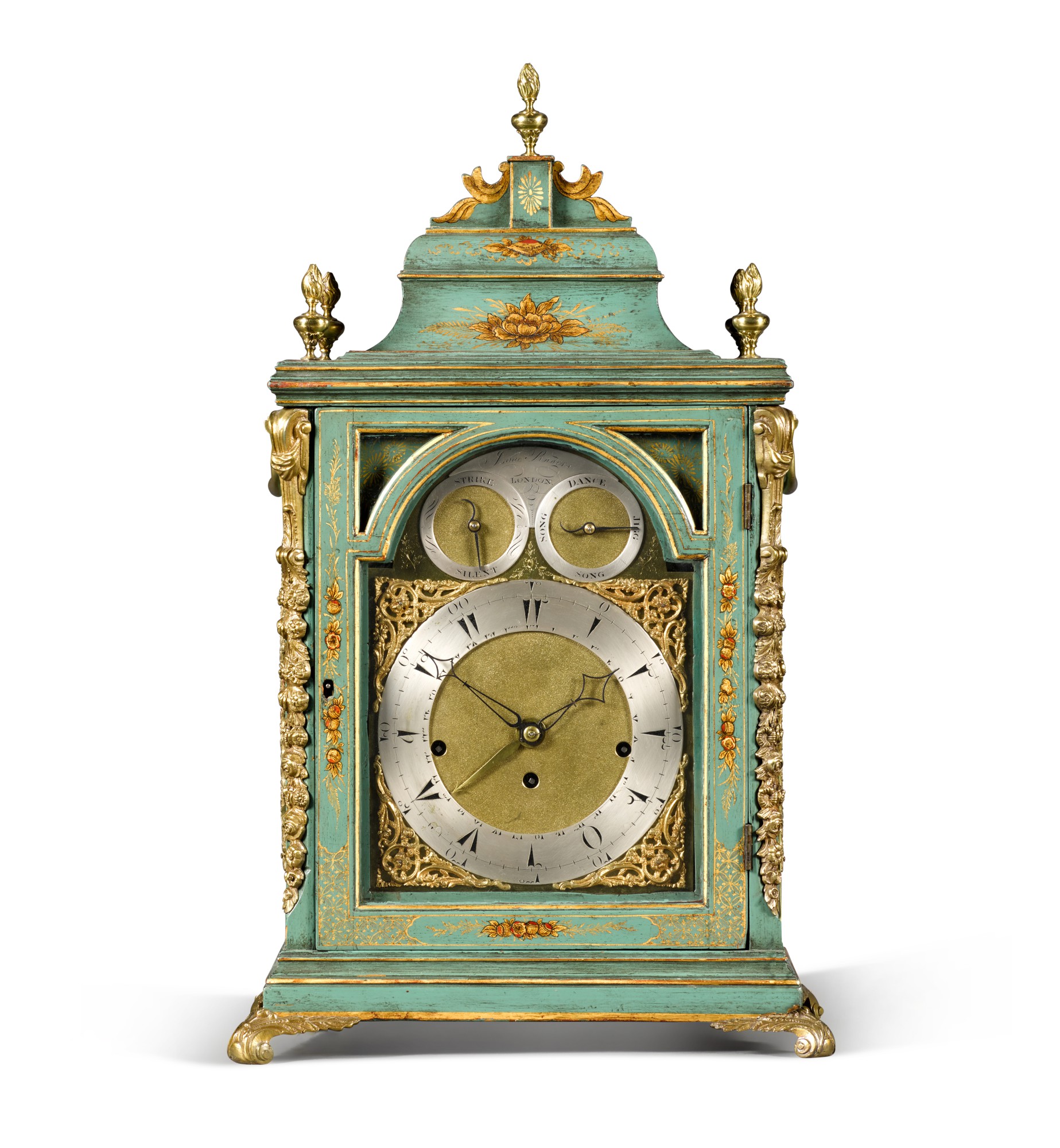A George III green and gilt japanned musical table clock for the ...