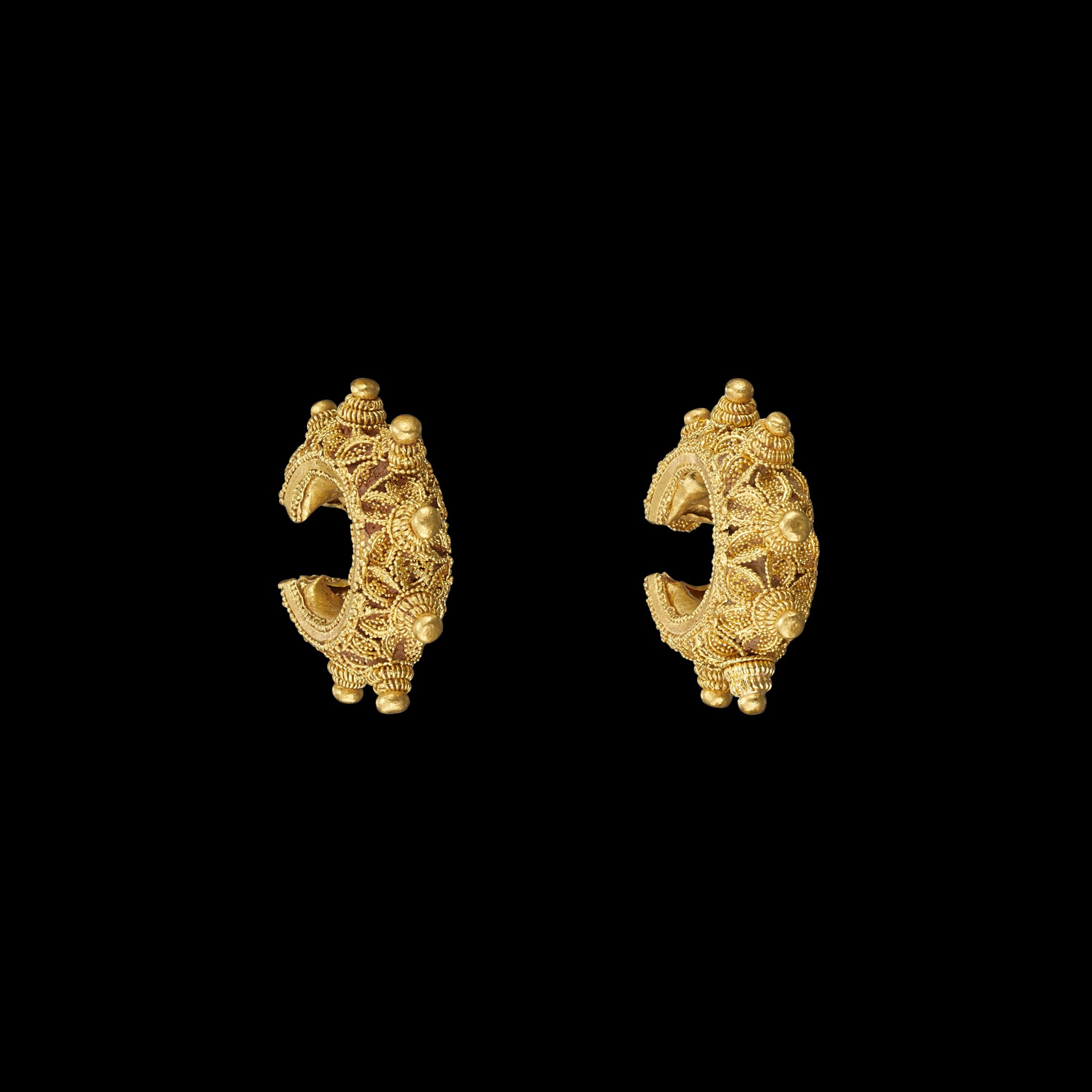 A pair of granulated solid gold earrings Java, Indonesia, 7th - 12th ...