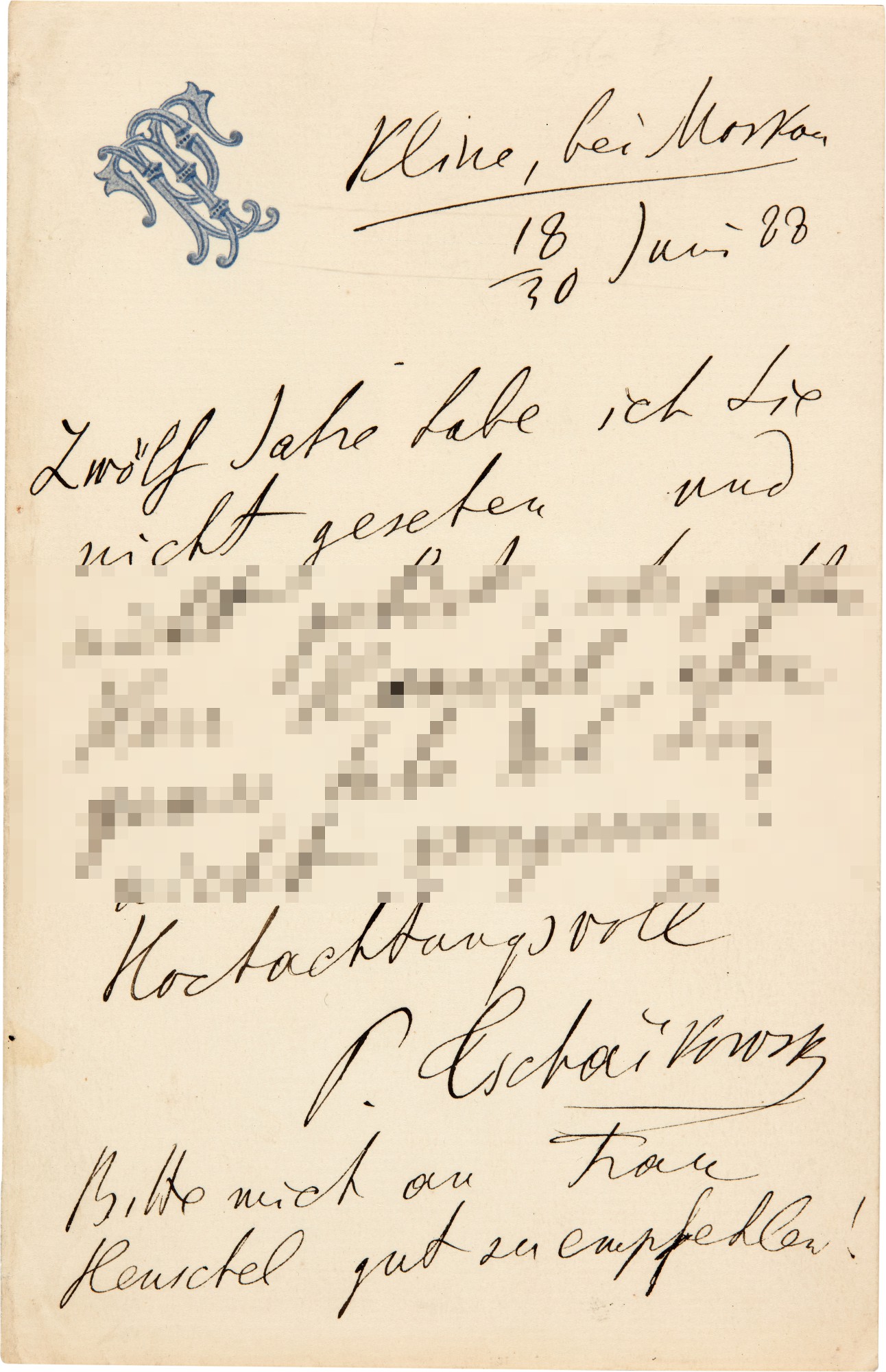 P. Tchaikovsky. Autograph letter signed, to George Henschel, 18/30 June ...