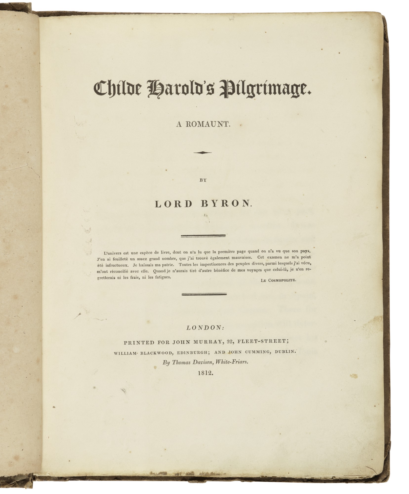 BYRON, GEORGE GORDON NOEL, LORD | Childe Harold's Pilgrimage. A Romaunt ...
