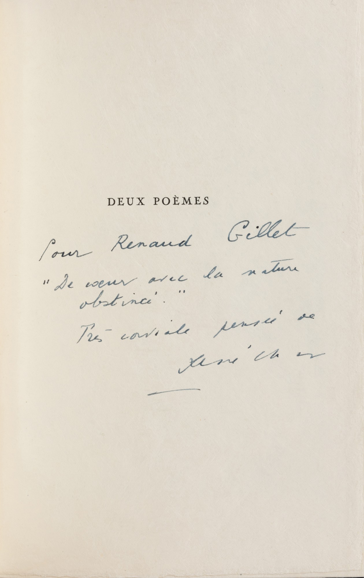 Deux poèmes. 1960. Envoi de Char à Renaud Gillet. Reliure à ...