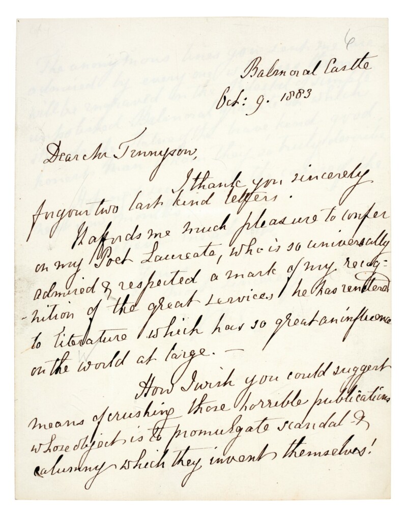 QUEEN VICTORIA | autograph letter signed, to Tennyson, October 1883 ...