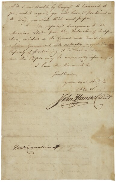 John Hancock, manuscript letter signed, announcing the adoption of the ...