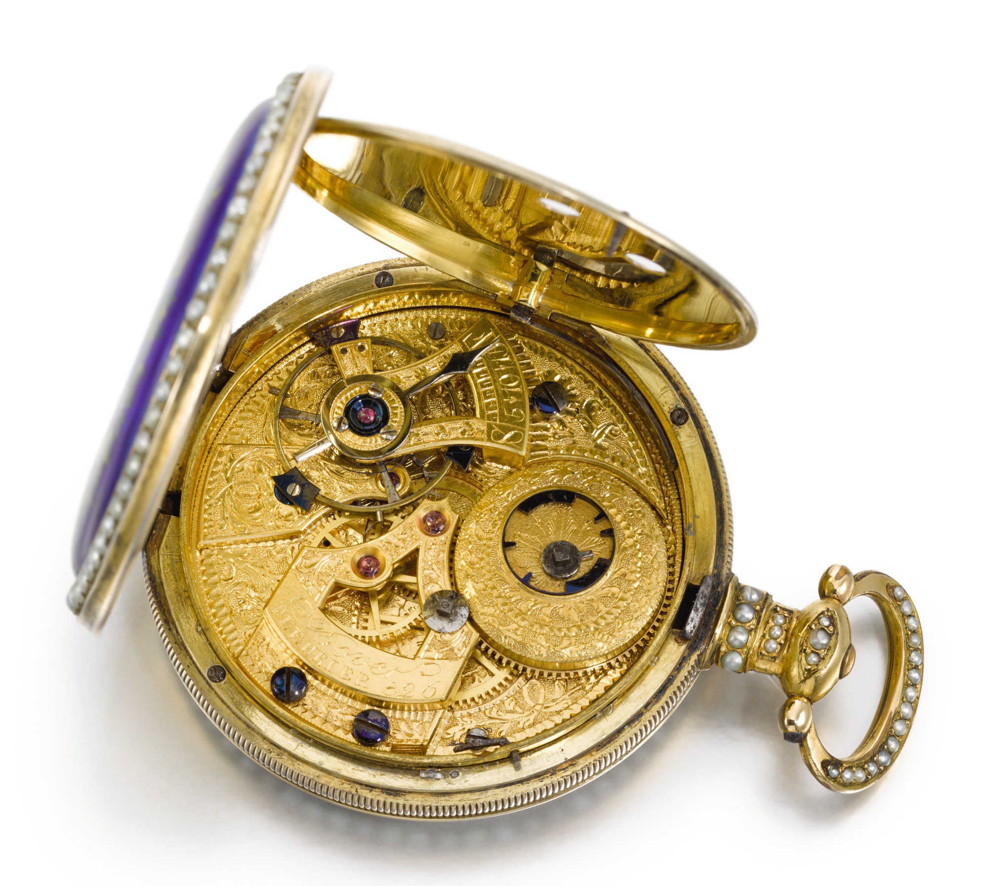 A SILVER-GILT, POLYCHROME ENAMEL AND PEARL-SET CENTRE SECONDS DUPLEX ...