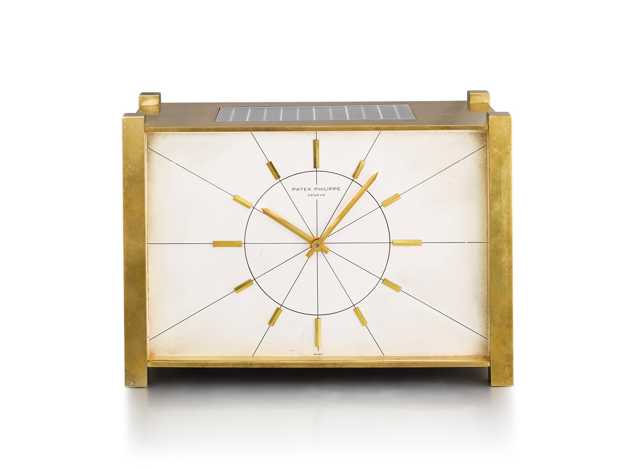 A gilt brass solar desk clock, Circa 1970 | 百達翡麗 | 鍍金銅製太陽能座鐘，約1970年製 ...