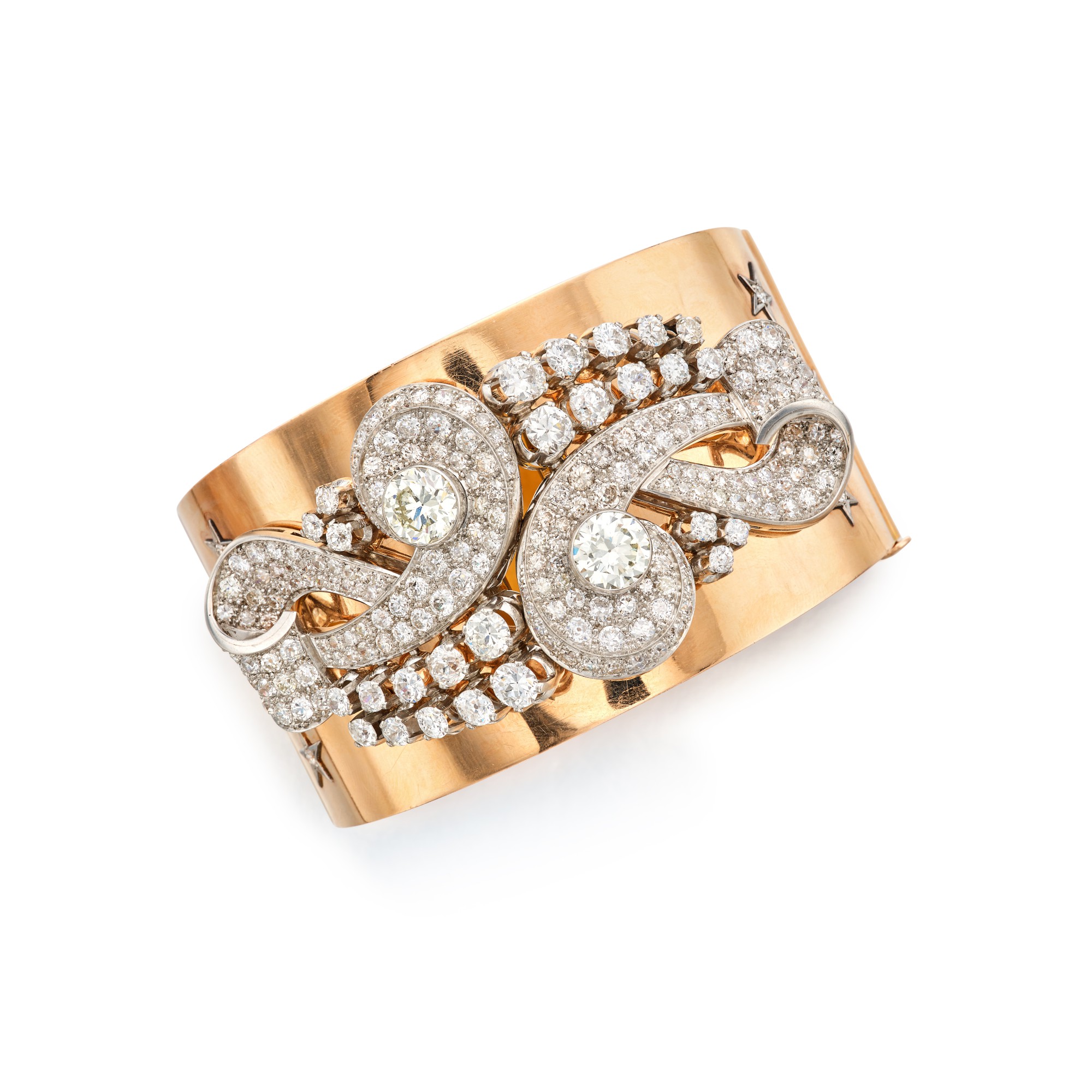 Pair of Diamond Clips and Gold and Diamond Cuff-Bracelet | Important ...