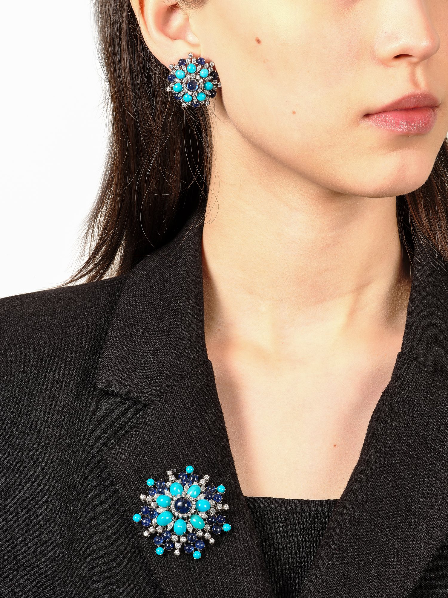 Sapphire Turquoise And Diamond Demi Parure 藍寶石 配 綠松石 及 鑽石 胸針 及 耳環 套裝