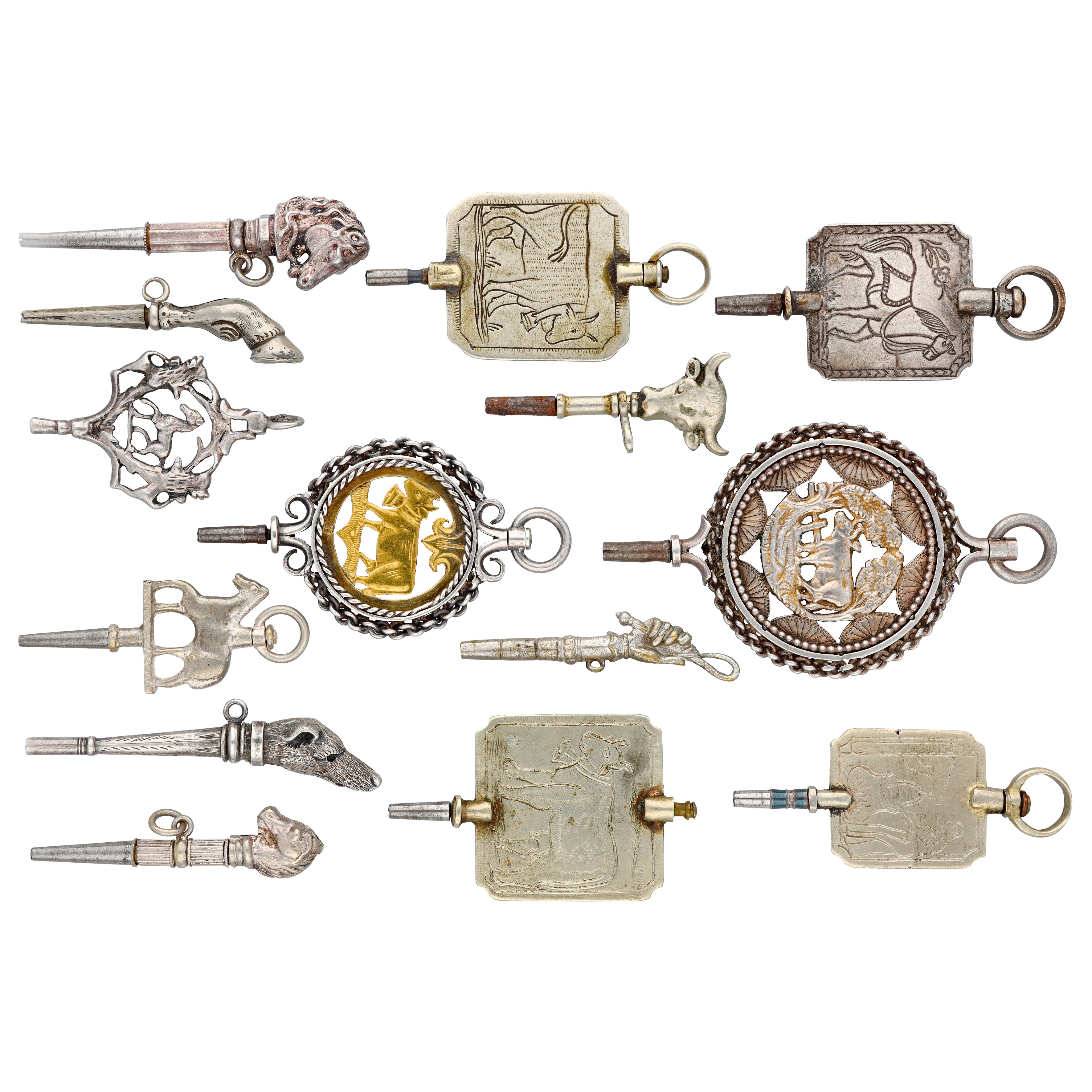 A group of 19 silver animal themed watch keys including equestrian ...
