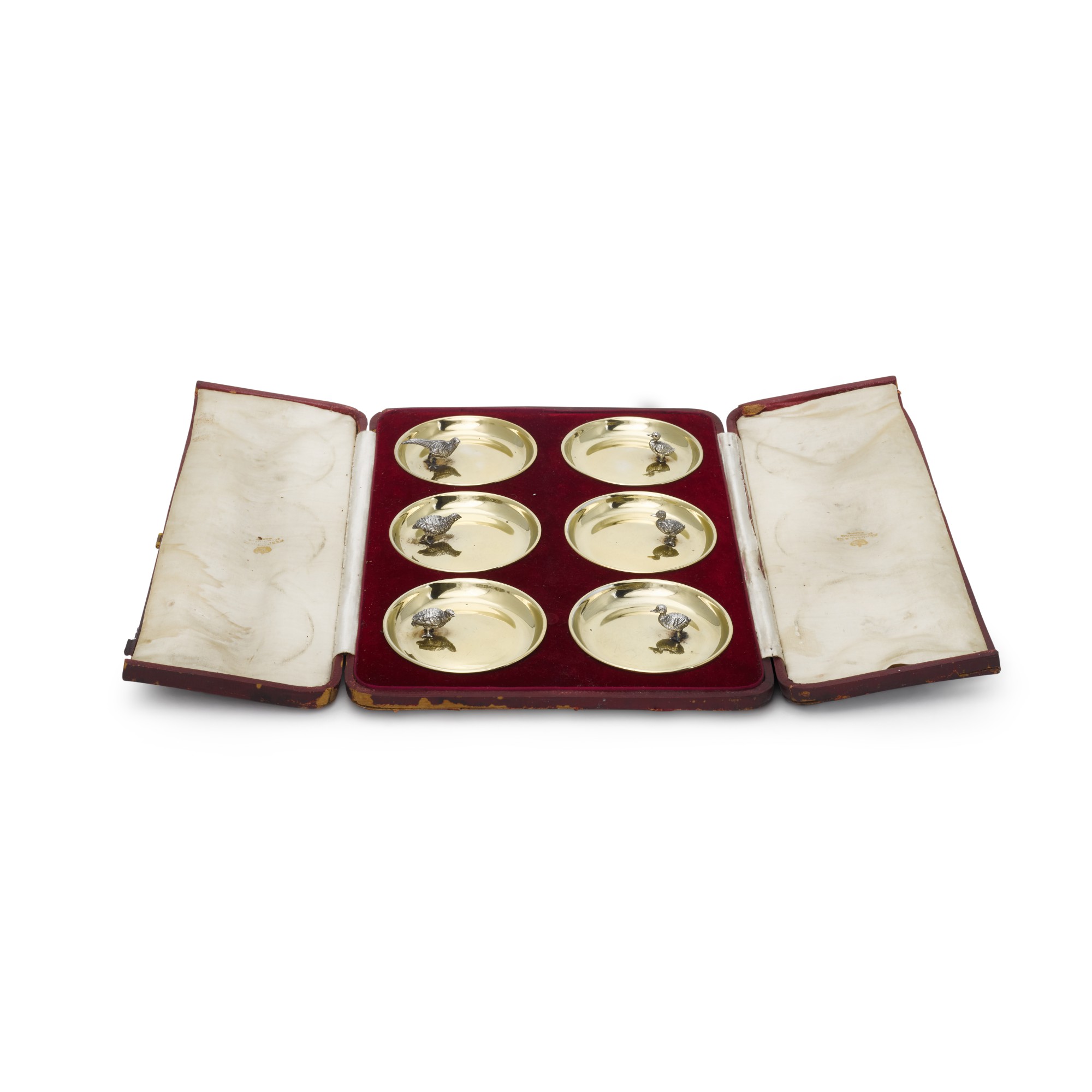 A cased set of Edwardian silver gilt game bird dishes, William Hornby ...