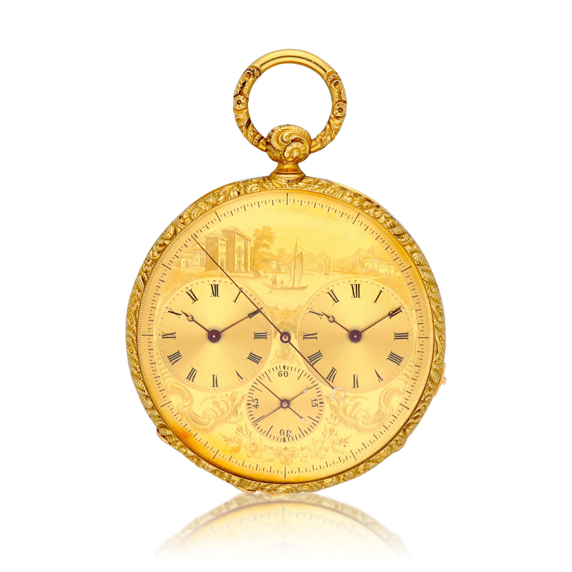 A fine gold dual-time watch with jumping quarter seconds and ...