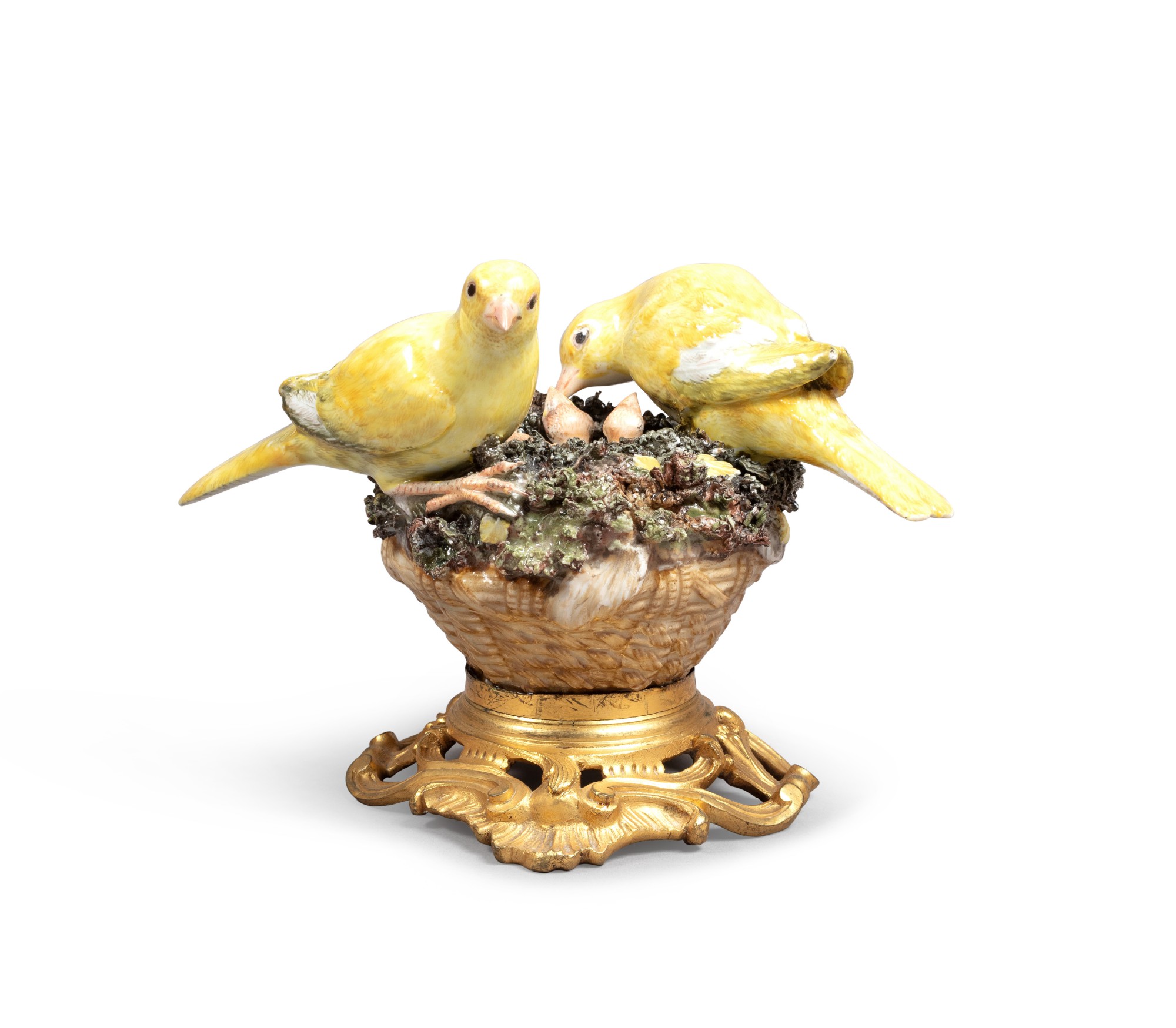 A gilt bronze mounted Meissen porcelain group of a canaries' nest ...
