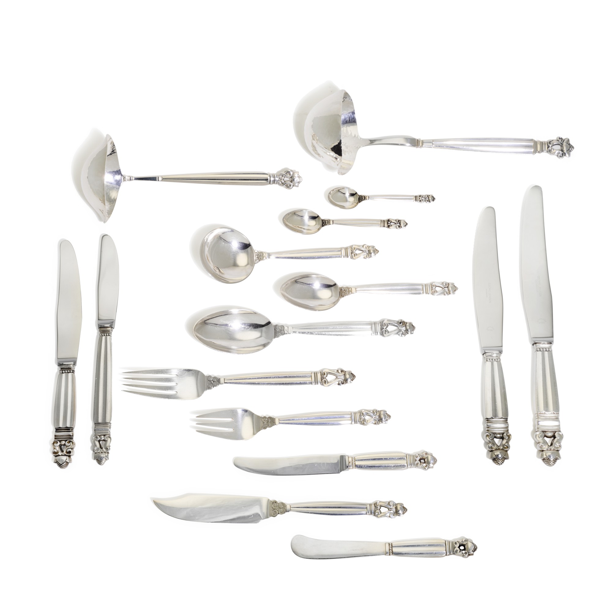A DANISH ACORN PATTERN SILVER FLATWARE SERVICE FOR 12, GEORG JENSEN ...