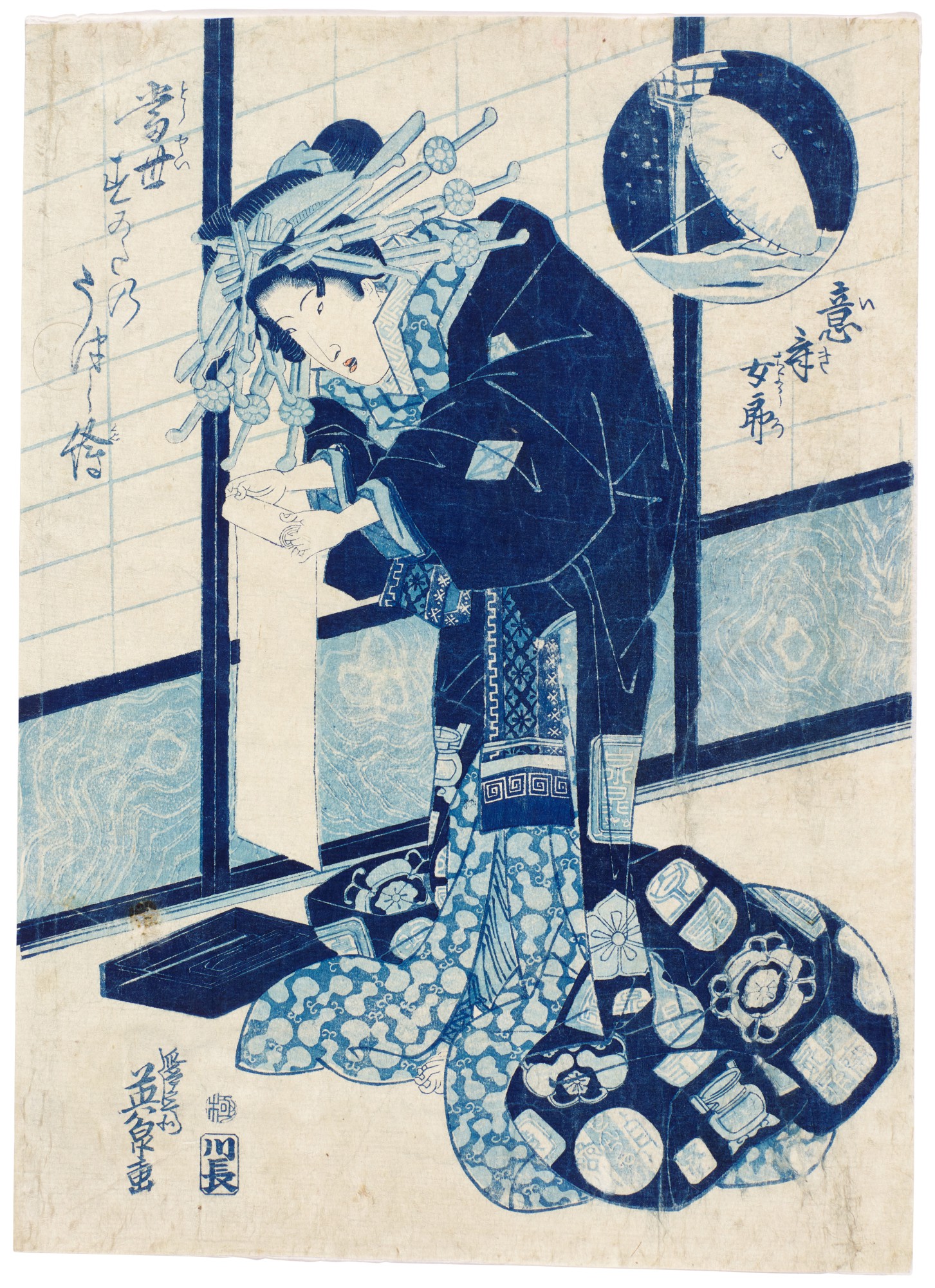 Keisai Eisen (1790-1848) Two aizuri-e woodblock prints, Edo period ...