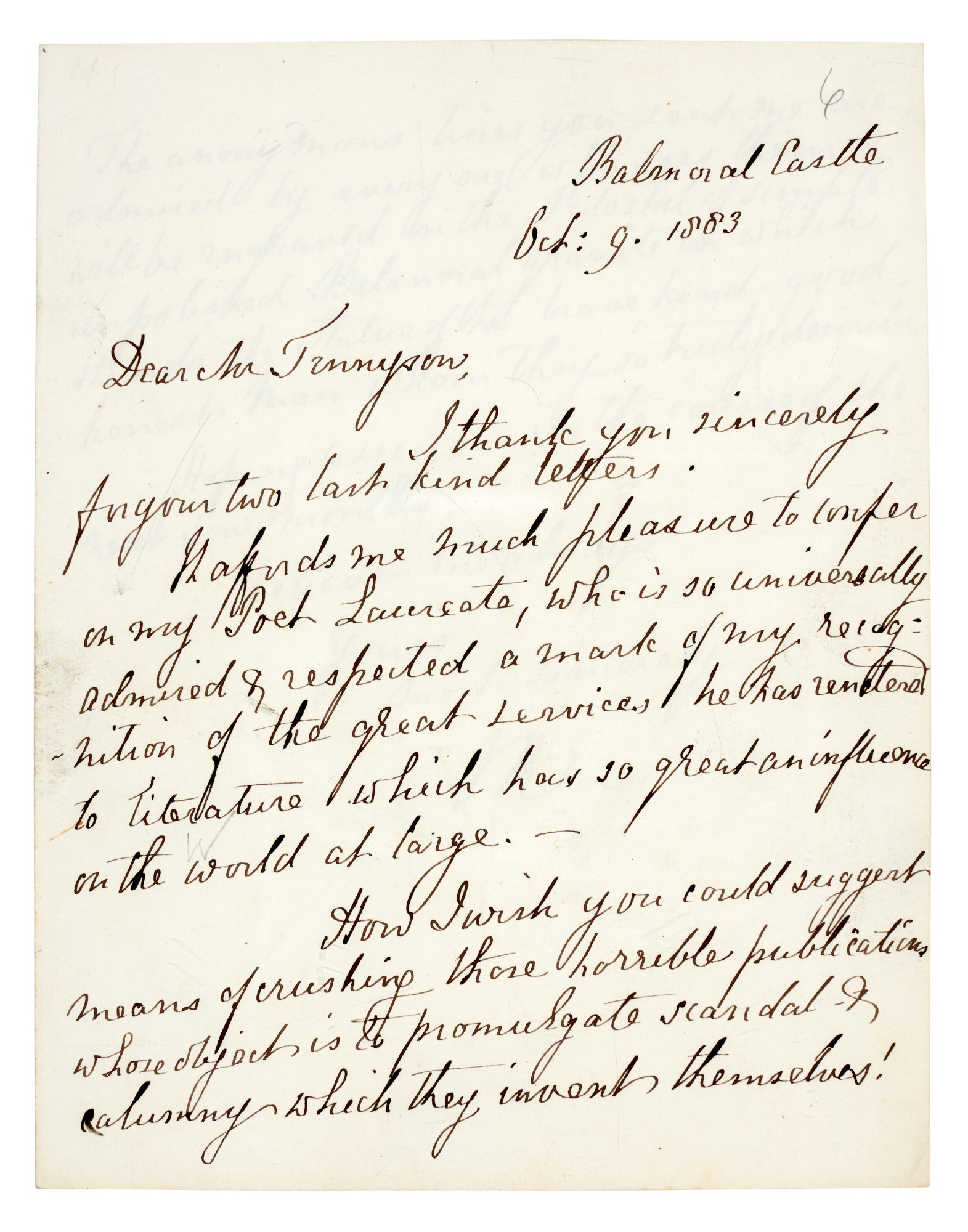 Queen Victoria | autograph letter signed, to Tennyson, October 1883 ...
