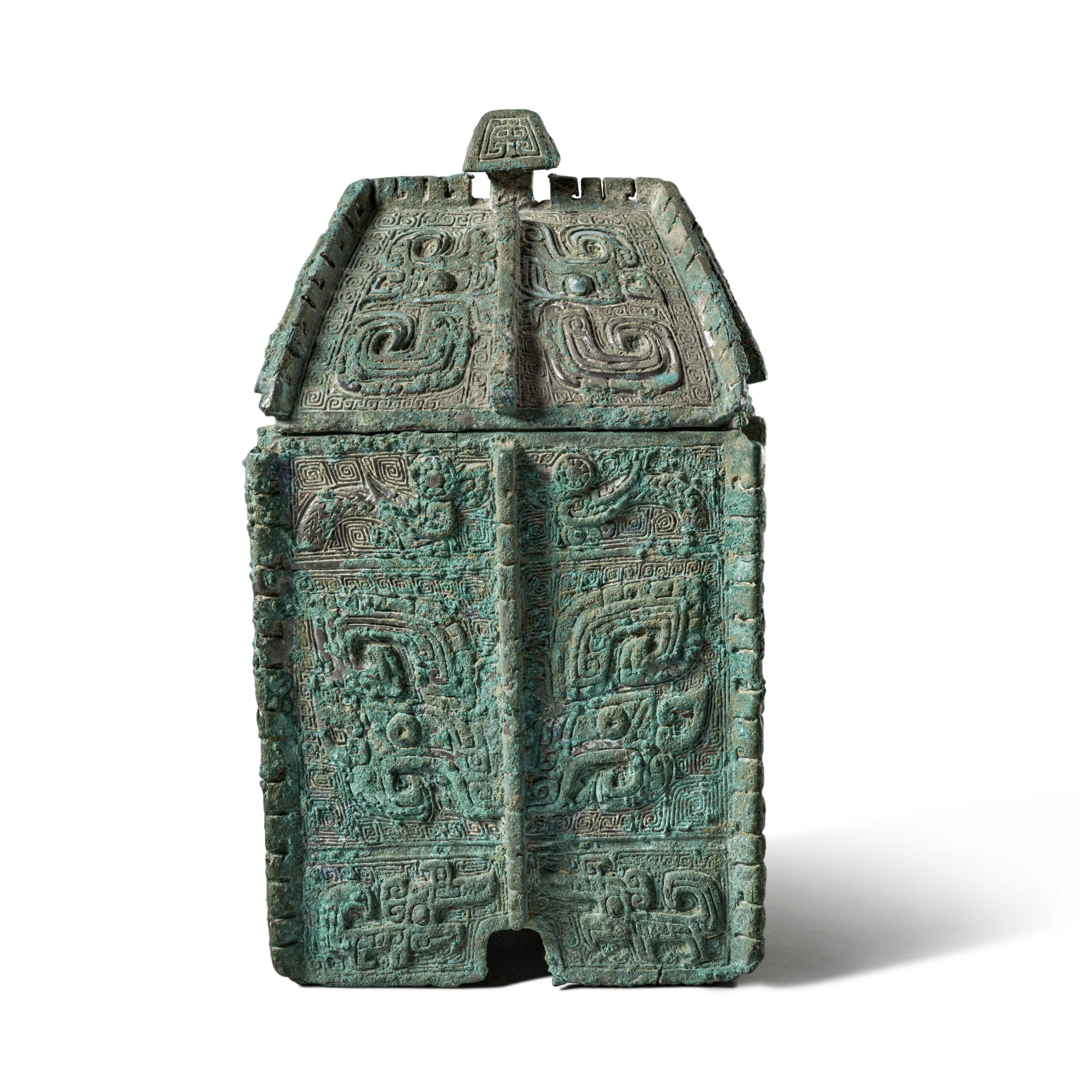 An important and rare archaic bronze ritual wine vessel and cover (Fang ...
