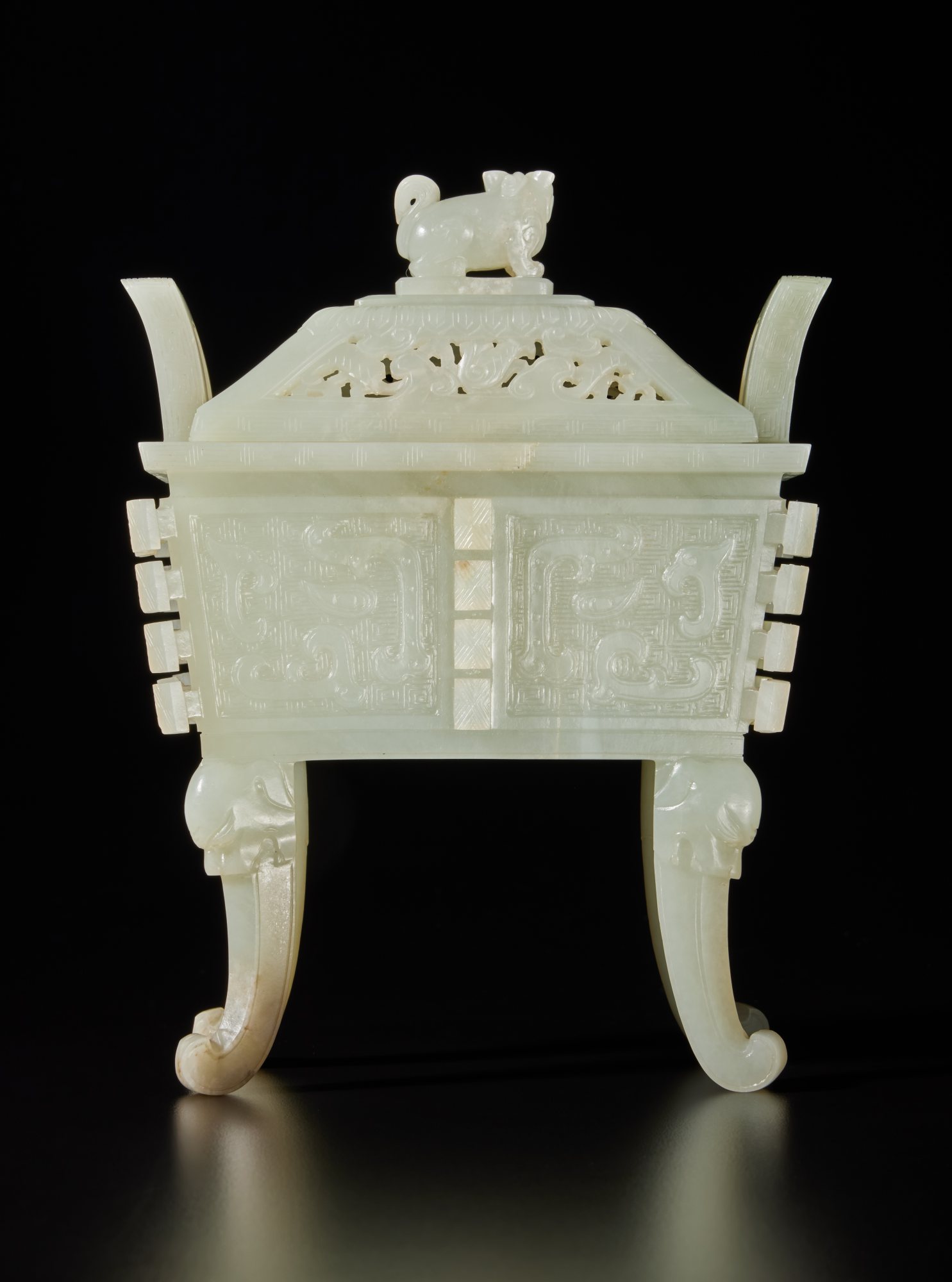 An archaistic pale celadon jade censer and cover (Fang ding), Qing ...