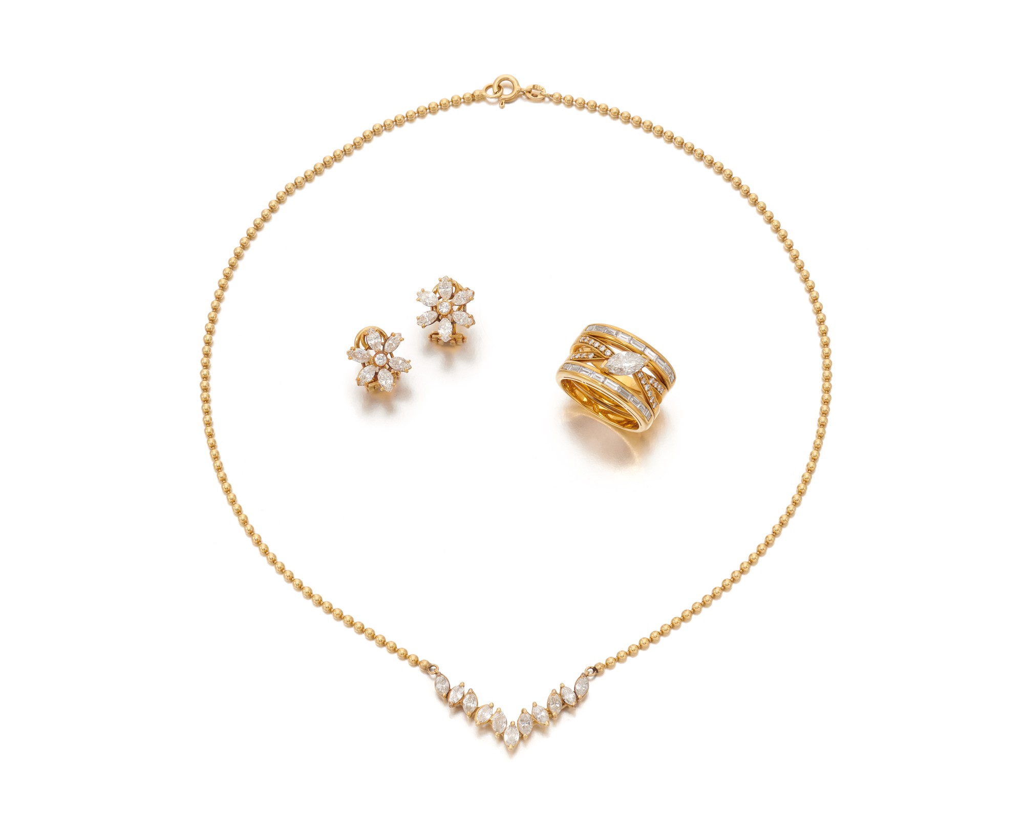 DIAMOND NECKLACE, PAIR OF EARRINGS AND RING (COLLANA, PAIO DI ORECCHINI ...