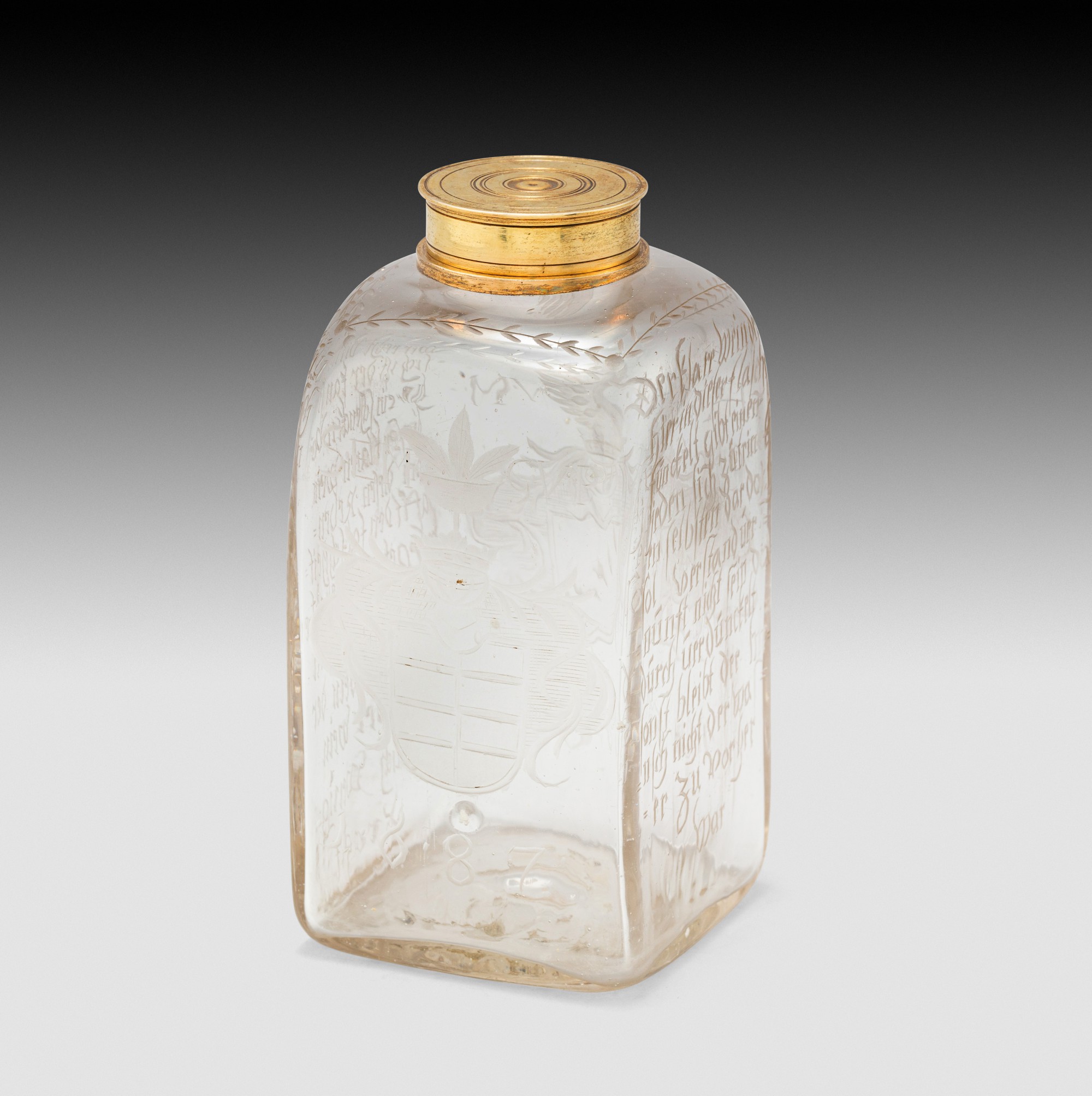 A German engraved glass flask with silver-gilt mounts, unmarked, circa ...