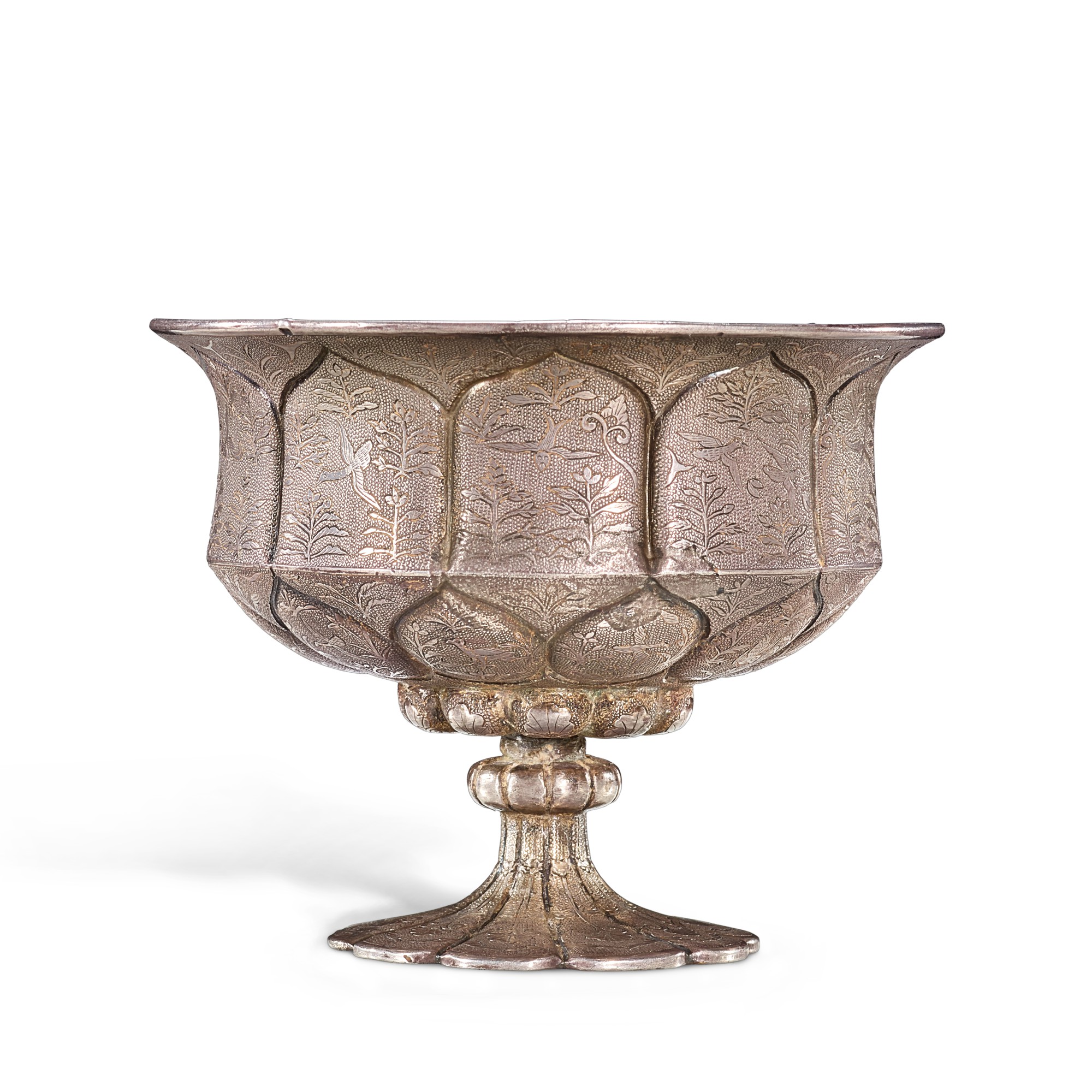 A rare and finely engraved silver stem cup Tang dynasty | 唐 銀鏨花鳥紋蓮瓣高足盃 ...