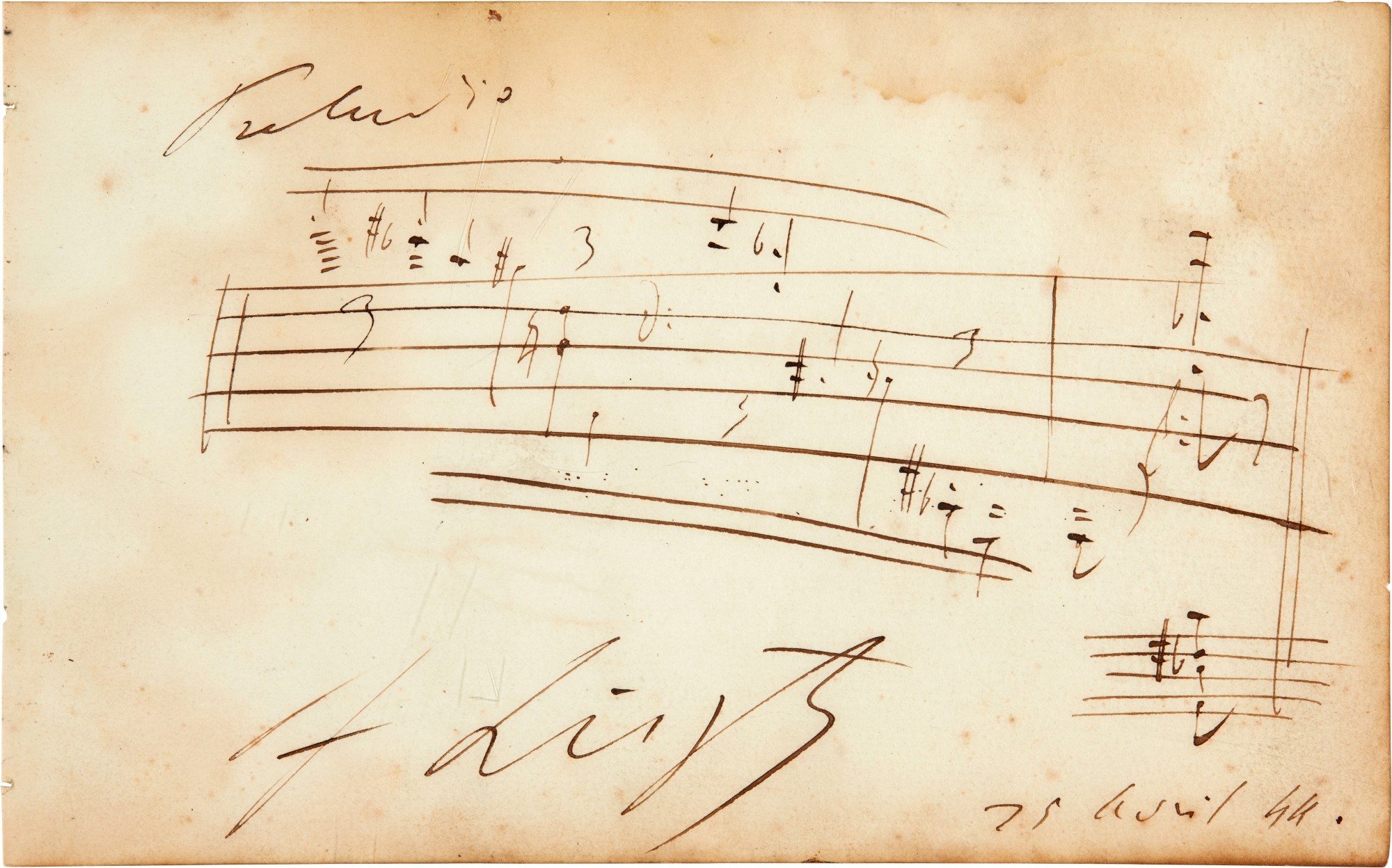 F. Liszt, autograph musical albumleaf, comprising a "Preludio", signed ...