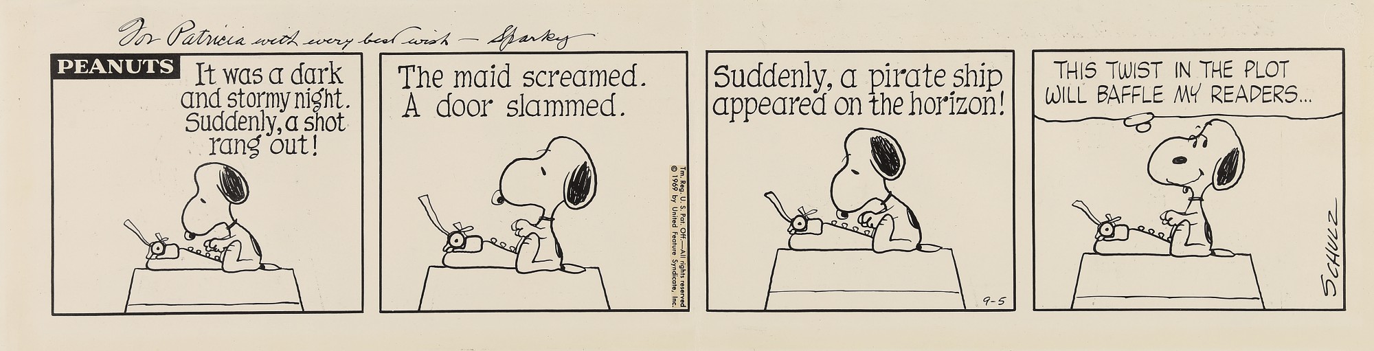 SCHULZ, CHARLES | Original four-panel Peanuts daily comic strip signed ...