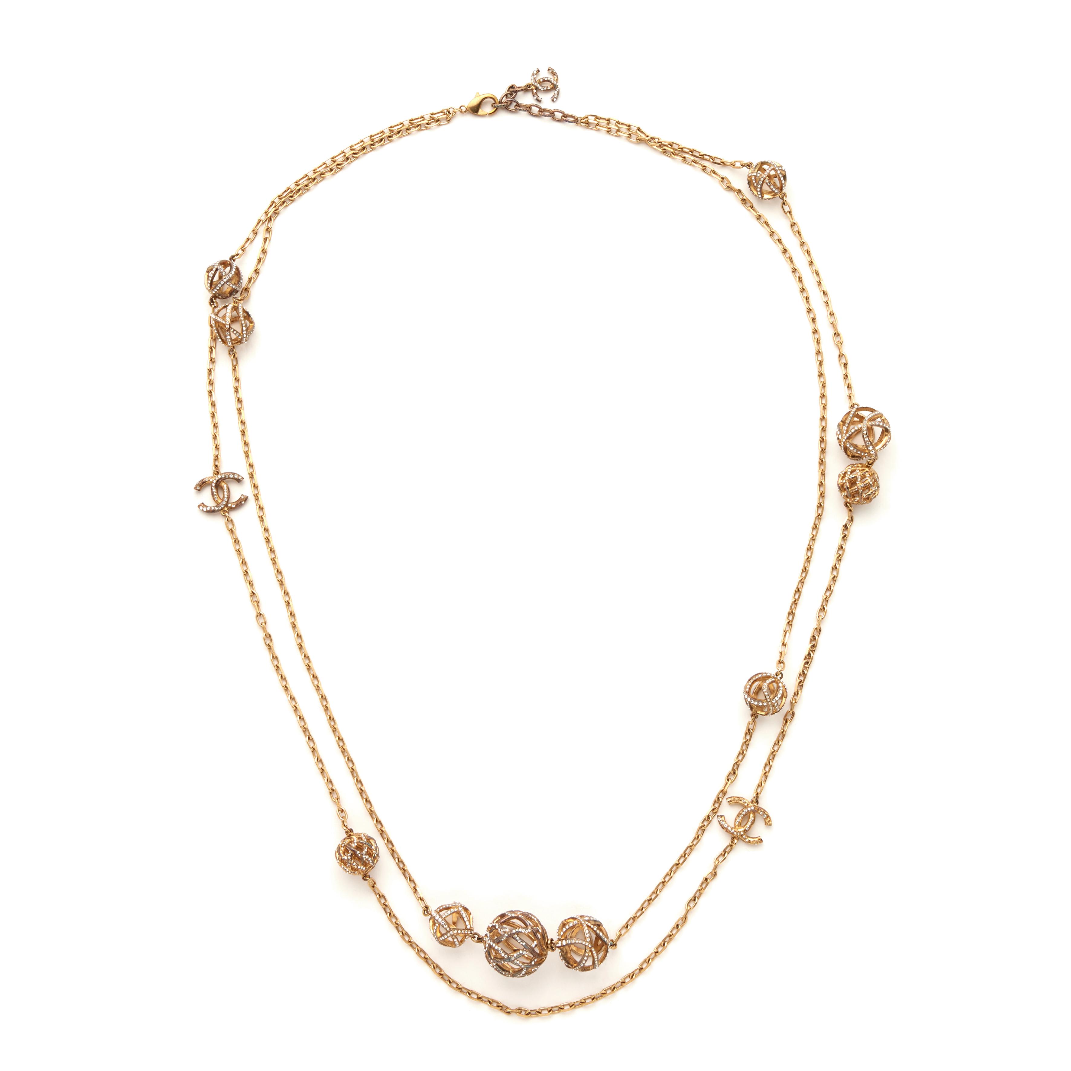 Chanel Gold Metal And White Strass Twisted Charm Double Chain Necklace ...