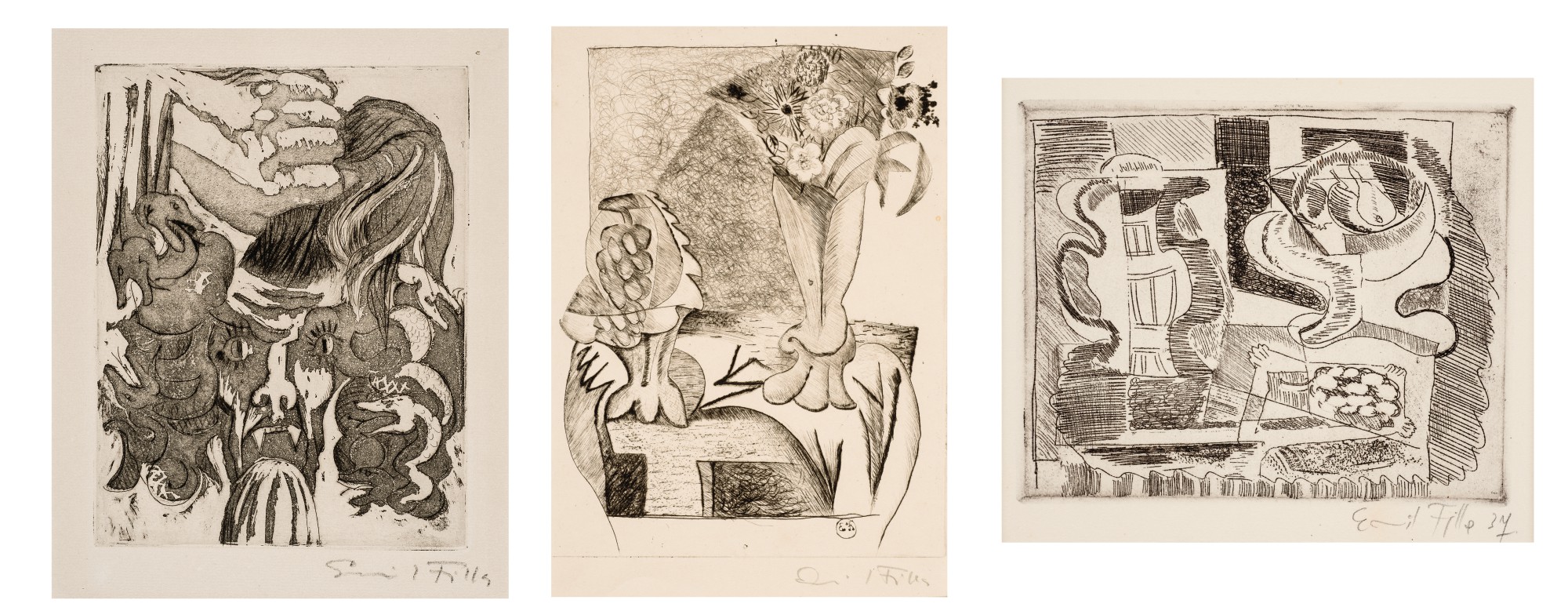 EMIL FILLA | THREE ETCHINGS: (I) HEAD OF MEDUSA; (II) TWO VASES WITH ...