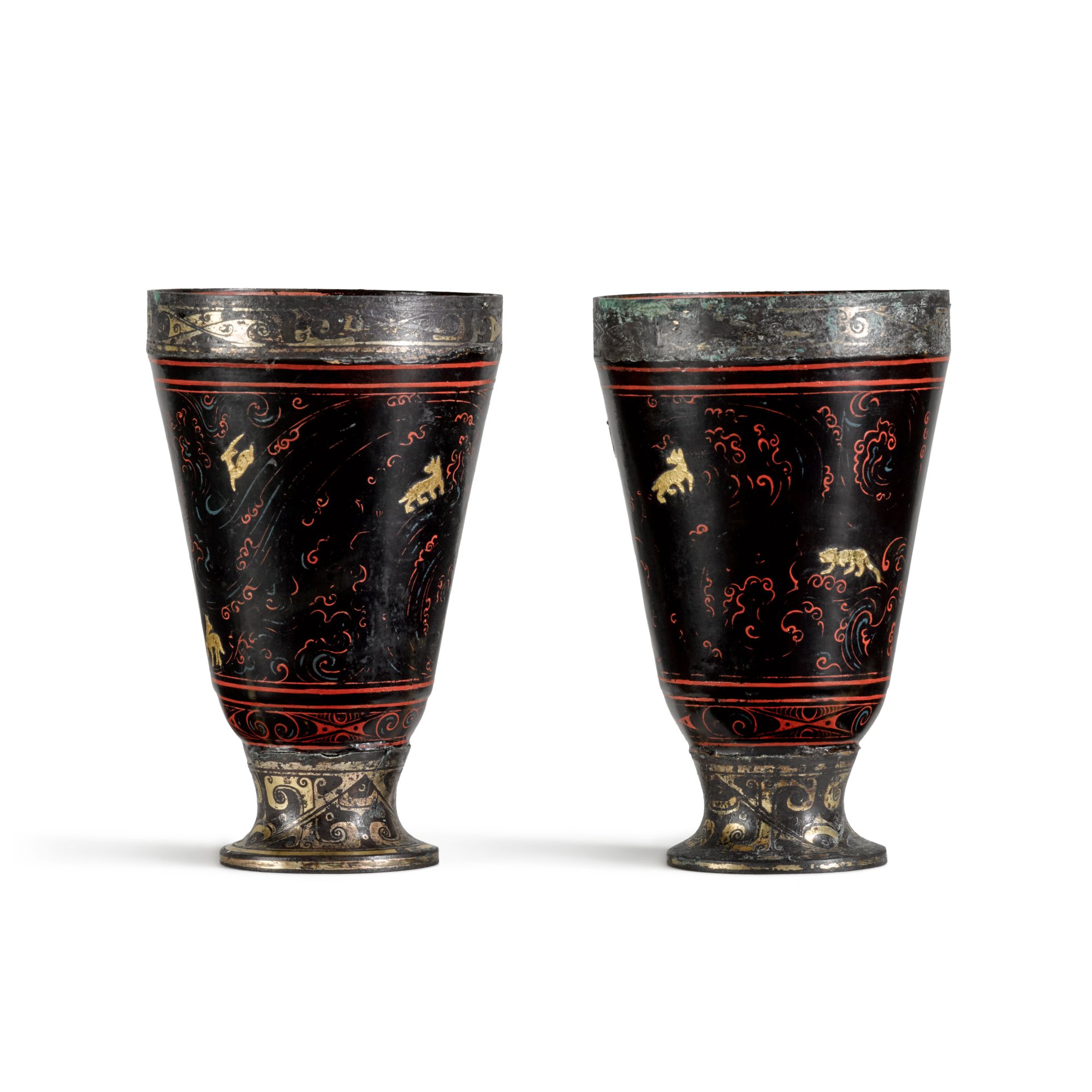 A pair of gold foil-embellished and painted-lacquer goblets with gold ...