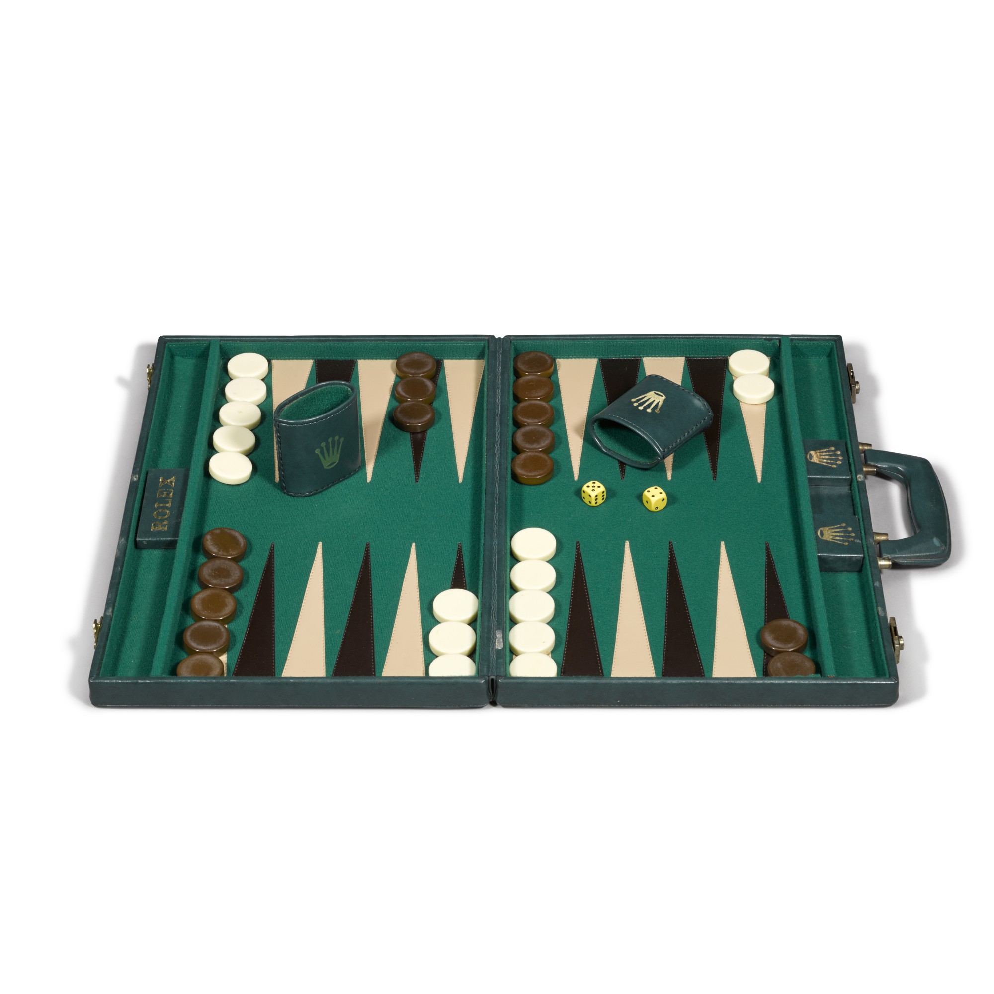 GREEN LEATHER BACKGAMMON SET COMPLETE WITH TWO LEATHER CUPS, CHECKERS ...