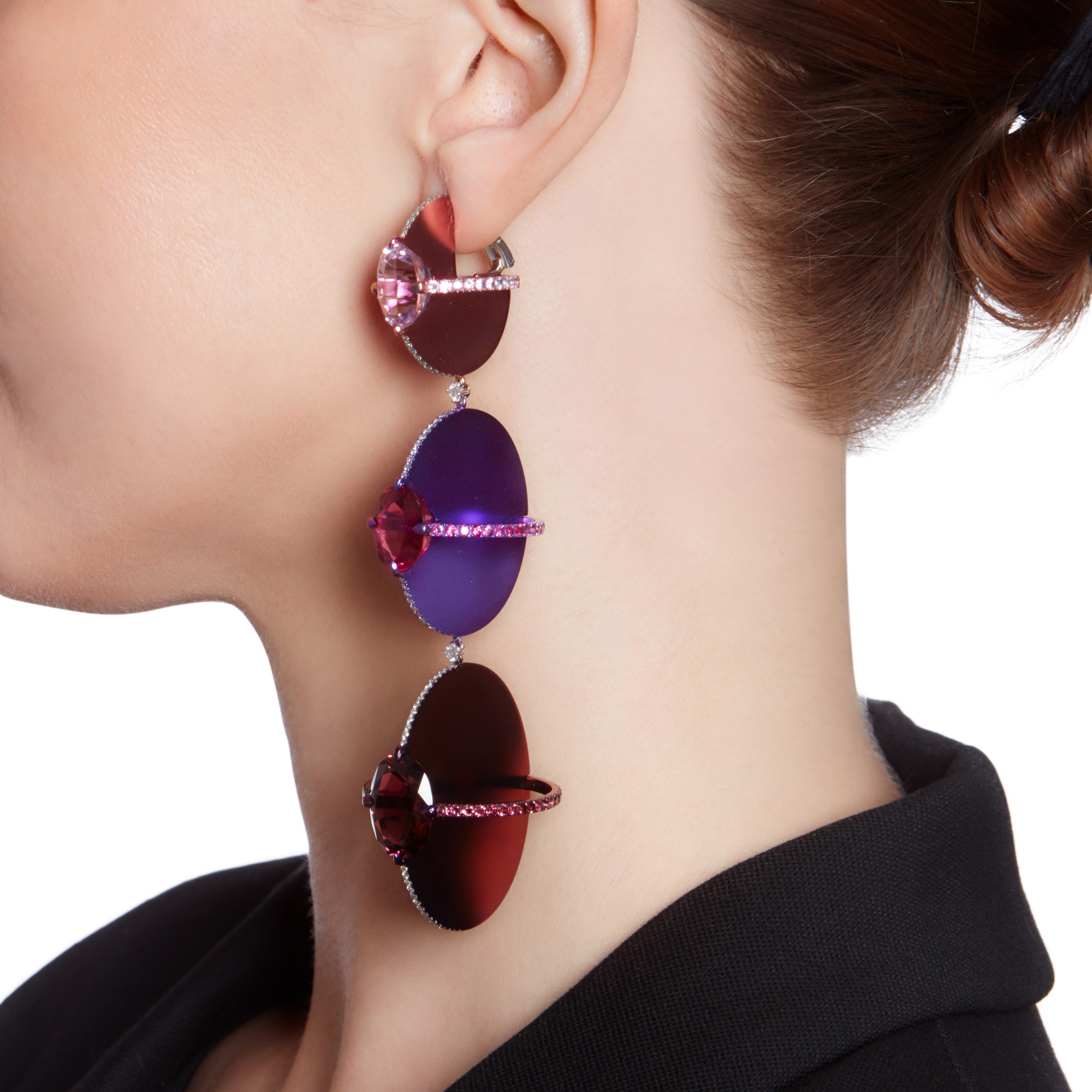 Pair of white gold, pink titanium, rhodolite, rubellite, kunzite ...