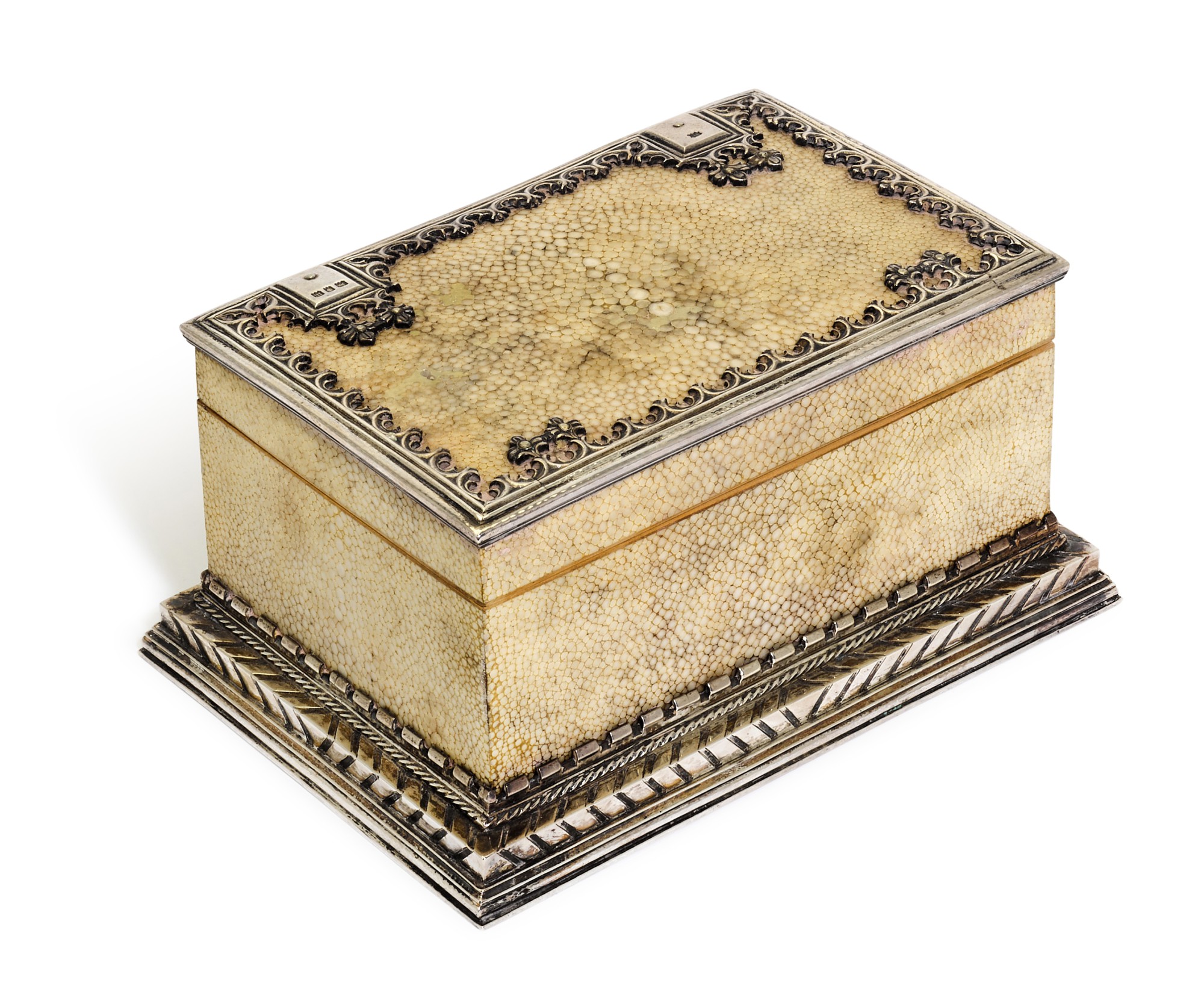 A George V silver-mounted shagreen cigarette box, Omar Ramsden, London ...