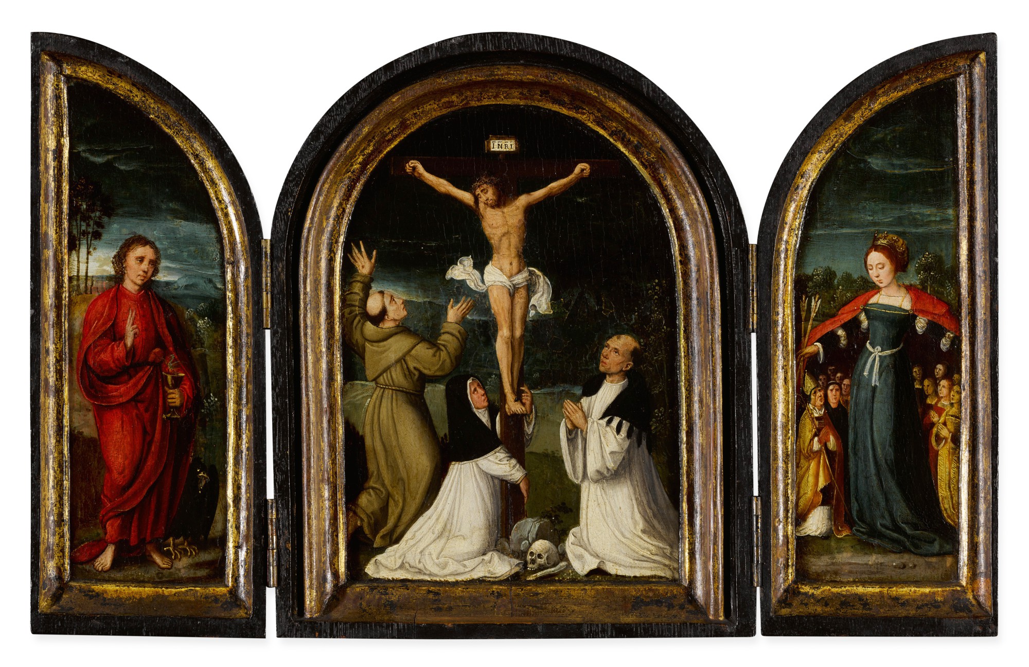 Triptych with the Crucifixion and Saints John the Evangelist, Francis of Assisi, Ursula ...